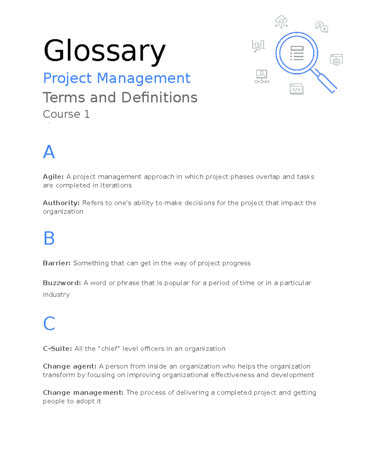 Course 1 Glossary - Glossary Project Management Terms and Definitions ...