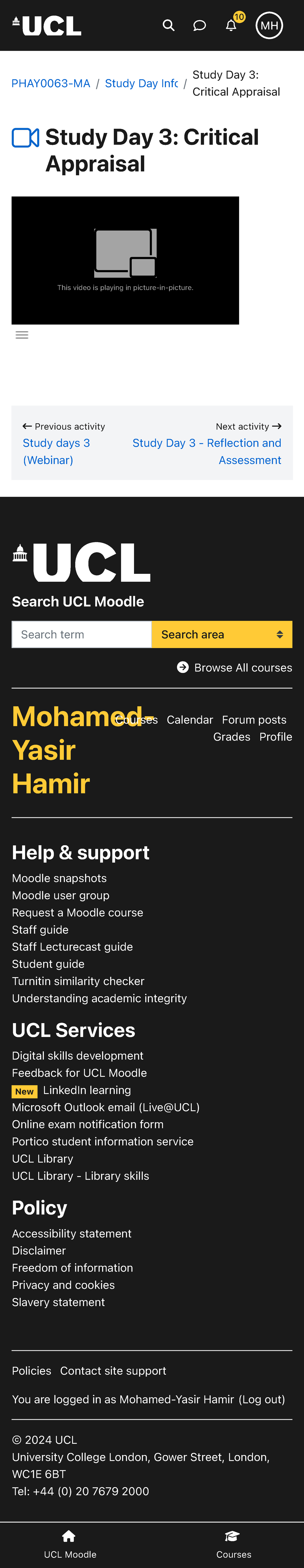 PHAY0063-MAR 2024 Study Day 3 Critical Appraisal UCL Moodle - ! ! " 10 MH PHAY0063-MAR/_ 2024 ...
