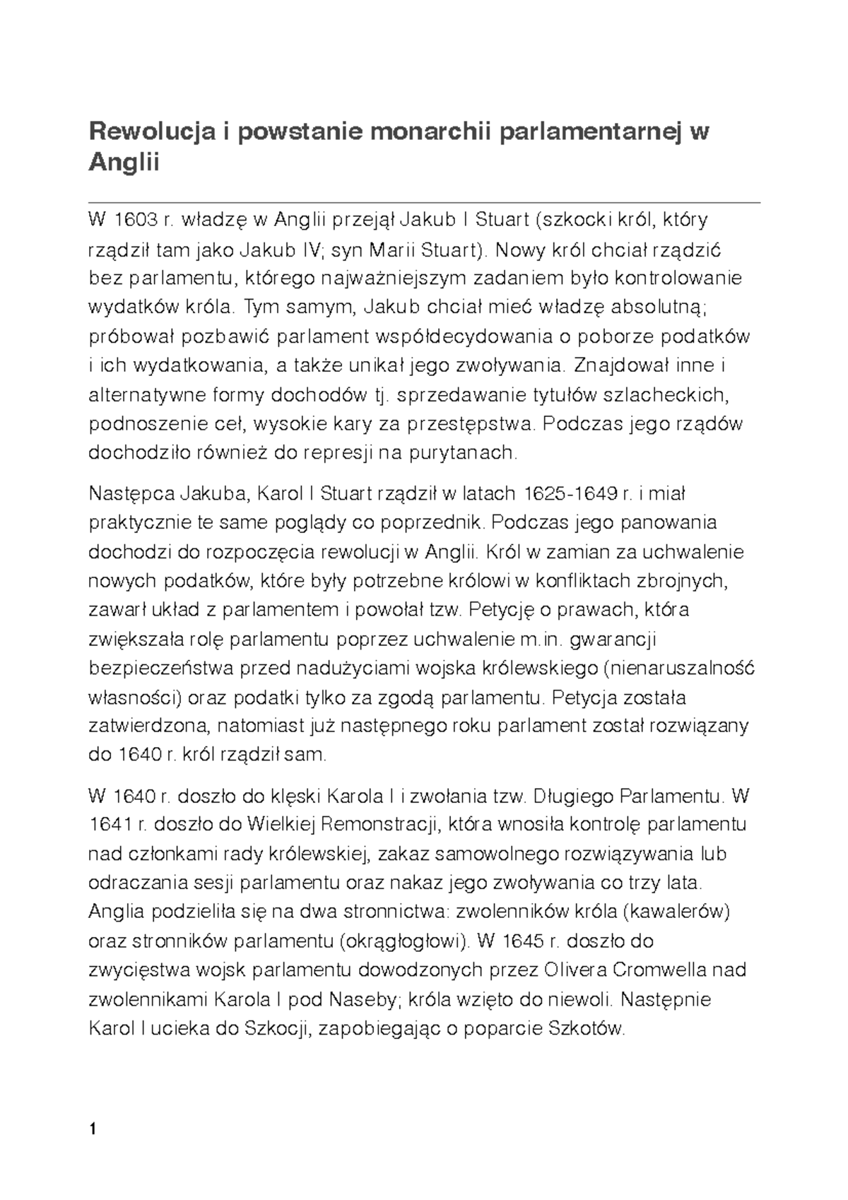 Rewolucja i powstanie monarchii parlamentarnej w Anglii - władzę w ...