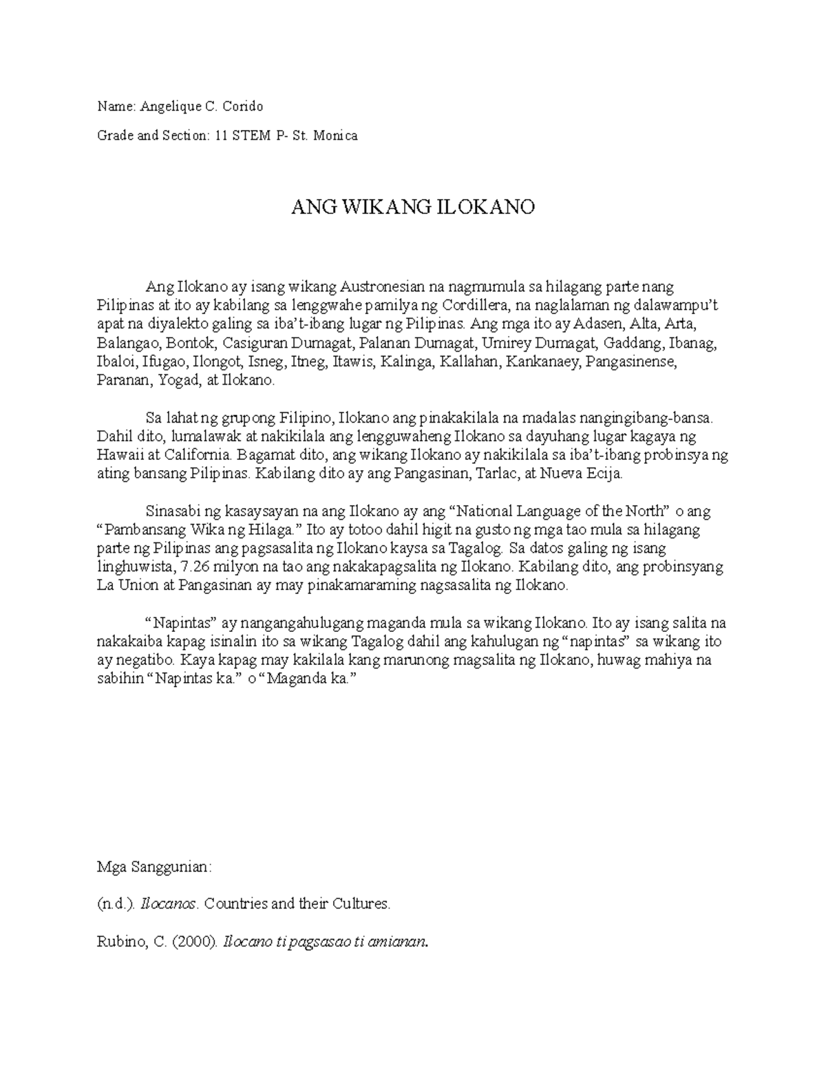 ANG Wikang Ilokano - Name: Angelique C. Corido Grade and Section: 11 ...