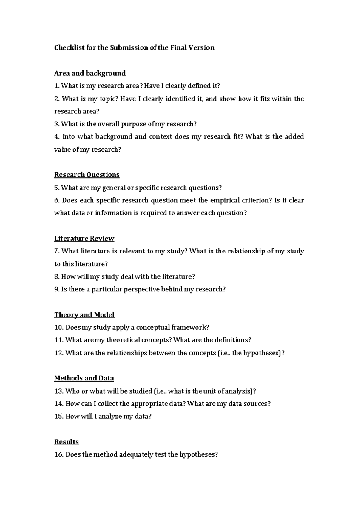 Checklist - What are my general or specific research questions? 6. Does ...