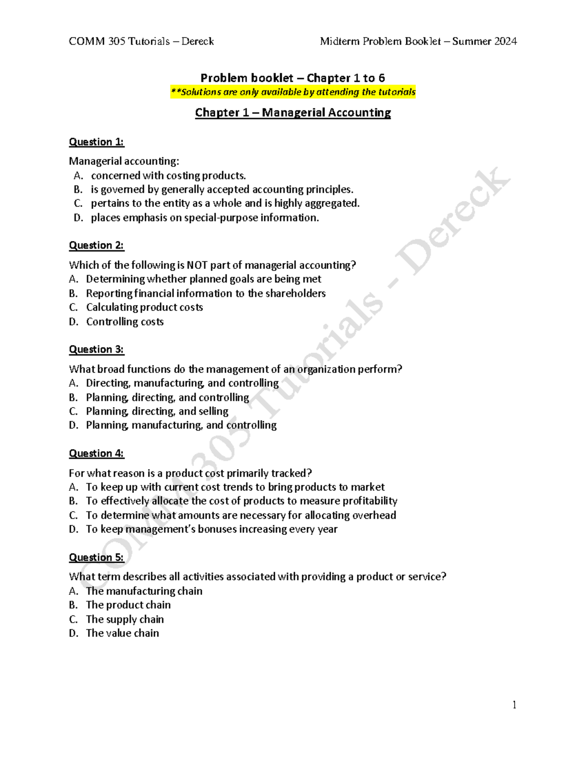 COMM305 Dereck Midterm Problem Booklet Summer 2024 - Problem booklet – Chapter 1 to 6 ...