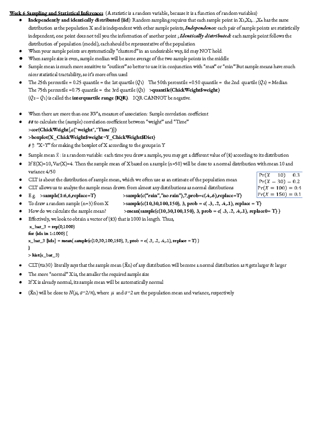 Week 6 Notes - Week 6 Sampling and Statistical Inferences (A statistic ...