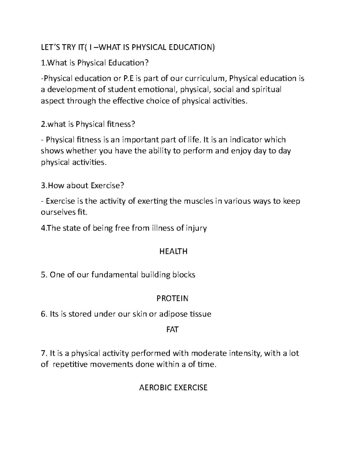 Answer In Physical Education Lesson 1 LET S TRY IT I WHAT IS