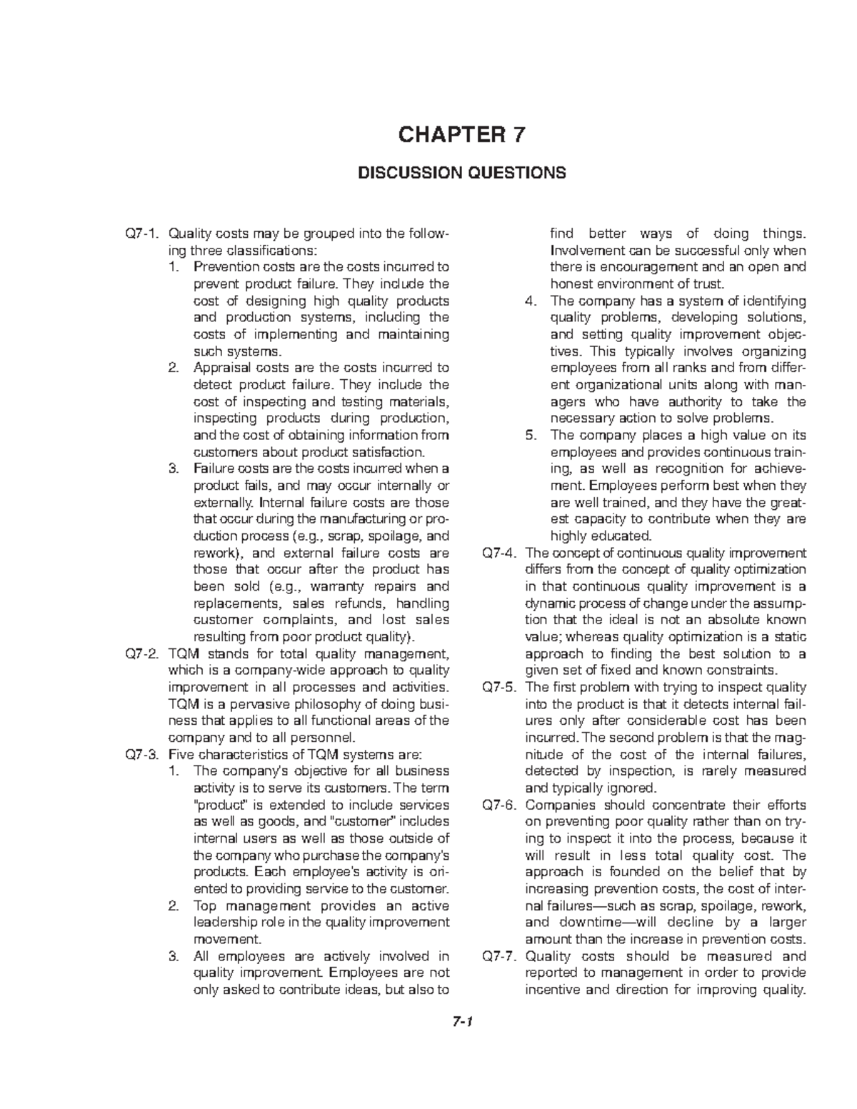 Ch07SM - key answer - CHAPTER 7 DISCUSSION QUESTIONS 7- Q7-1. Quality ...