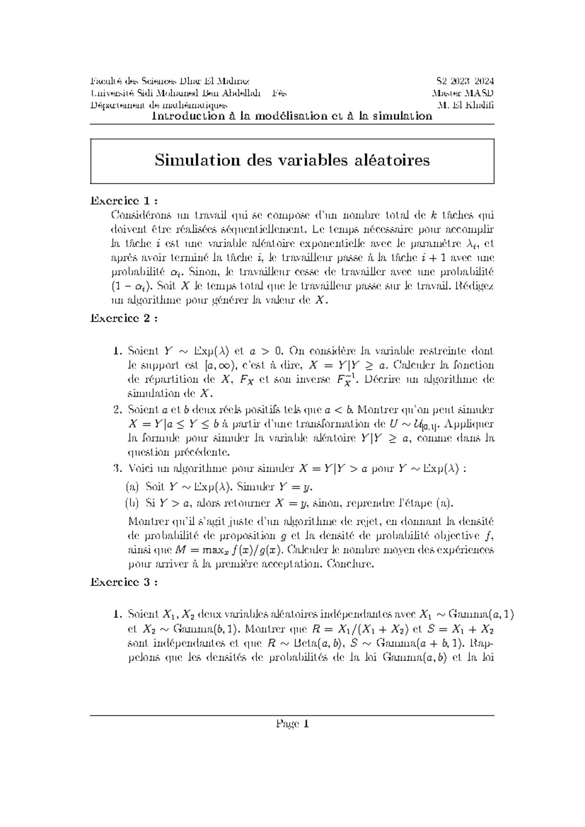 Exercices simulation - Faculté des Sciences Dhar El Mahraz Université Sidi Mohamed Ben Abdellah ...