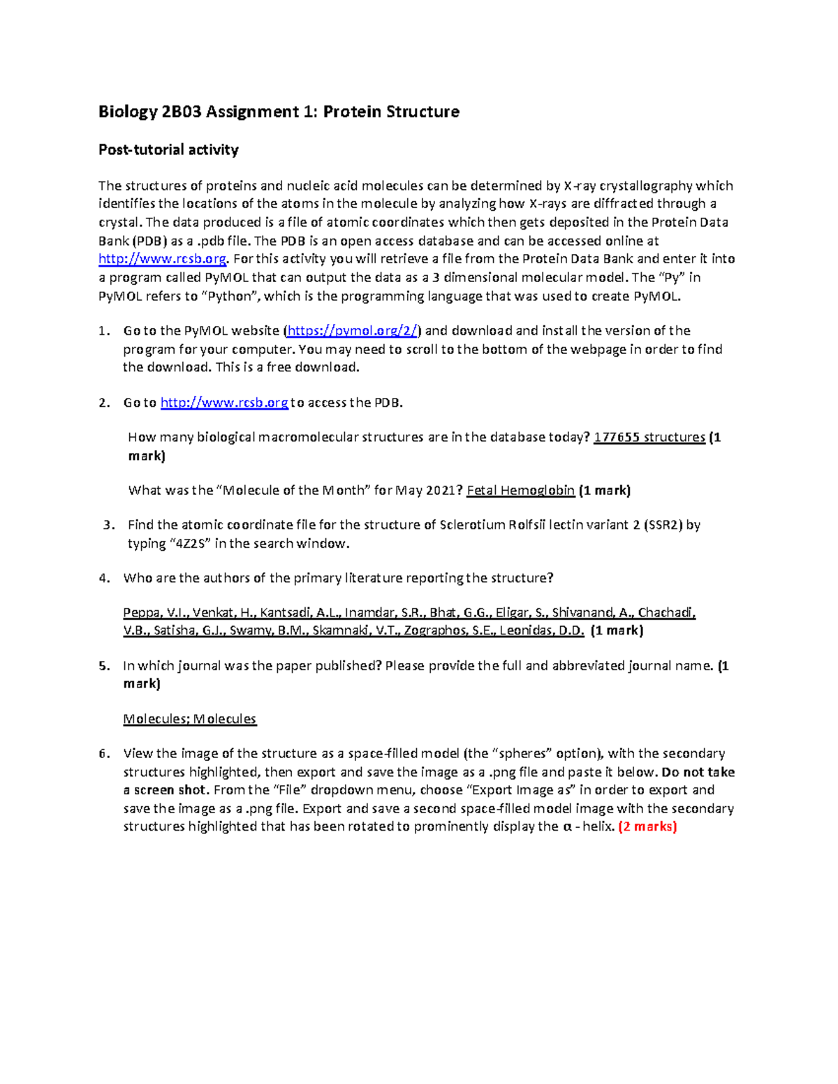 Bio 2B03 Assignment 1 - Protein structure - Biology 2B03 Assignment 1: Protein Structure - Studocu