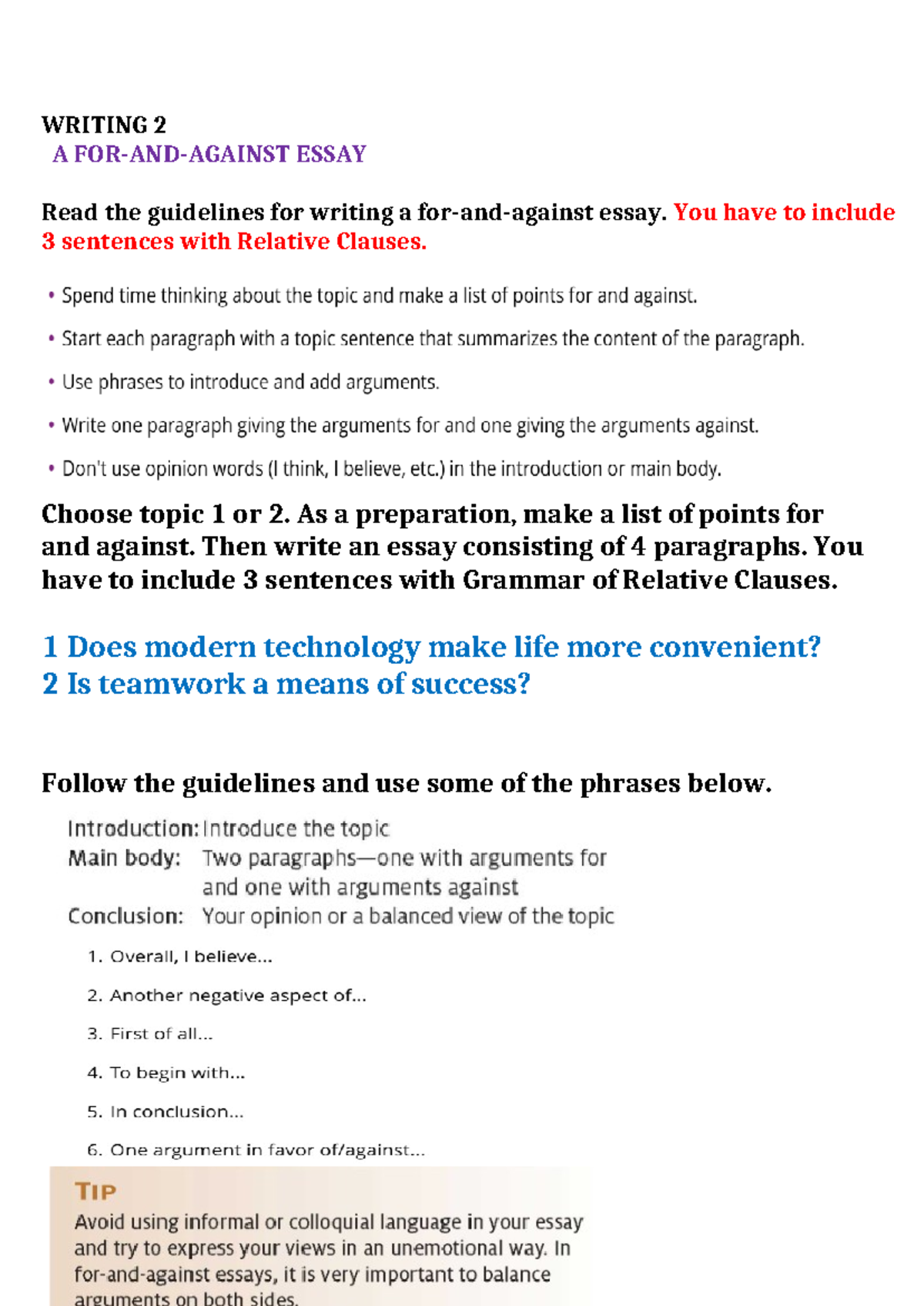 Writing 2 Intermediate 12 - WRITING 2 A FOR-AND-AGAINST ESSAY Read the ...