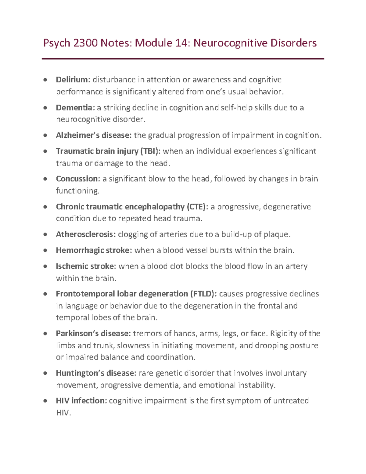 Psych 2300 Notes Module 14 Neurocognitive Disorders - Psych 2300 Notes ...