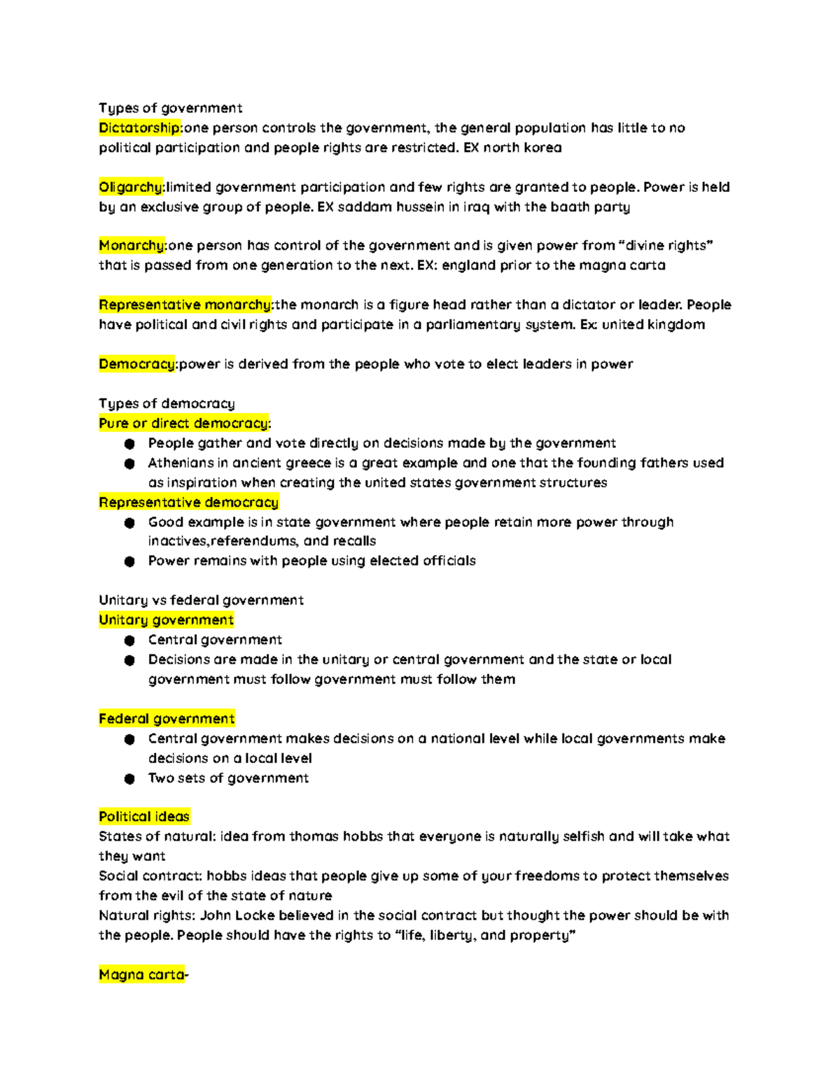 Government notes - Types of government Dictatorship:one person controls ...