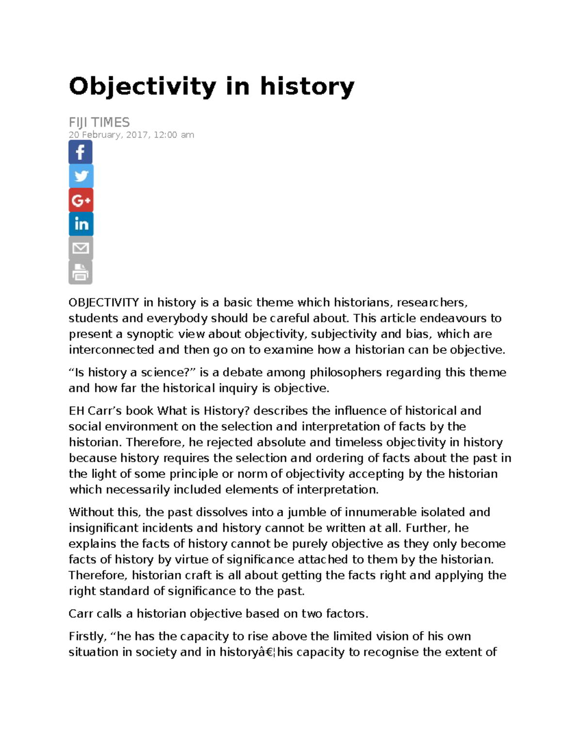 Objectivityin HIstory - Objectivity in history FIJI TIMES 20 February ...