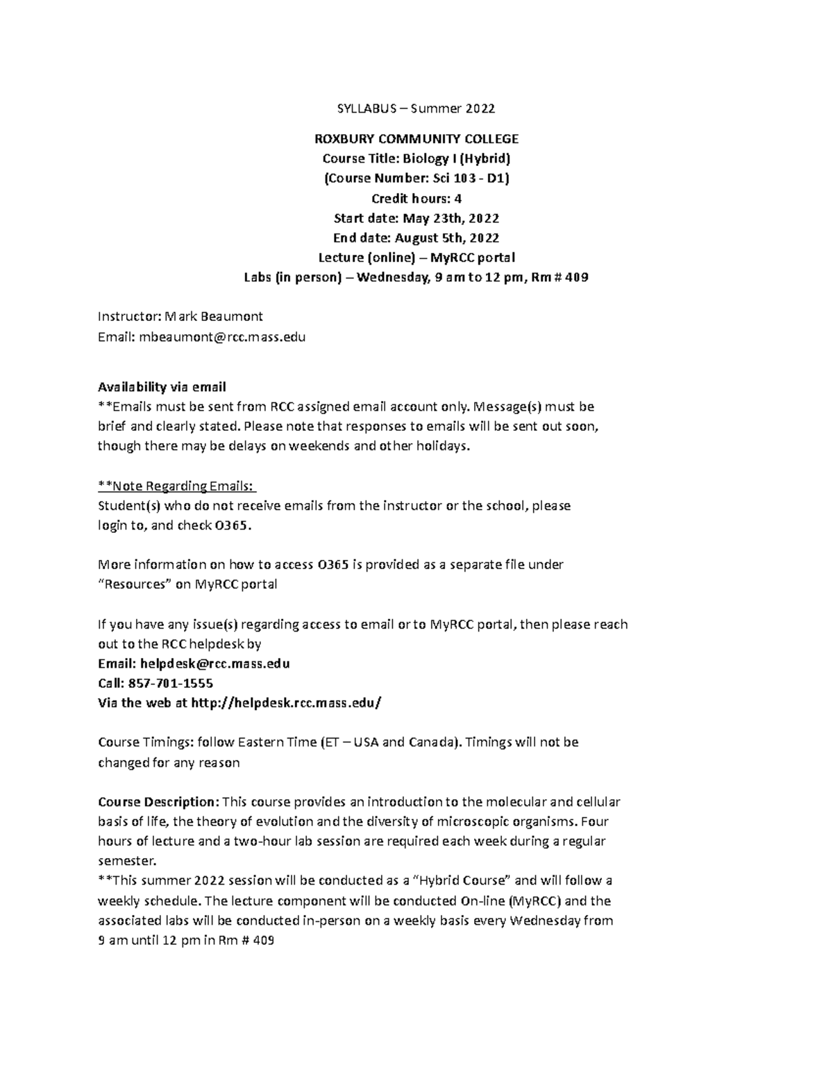 BIO Syllabus - SYLLABUS – Summer 2022 ROXBURY COMMUNITY COLLEGE Course ...