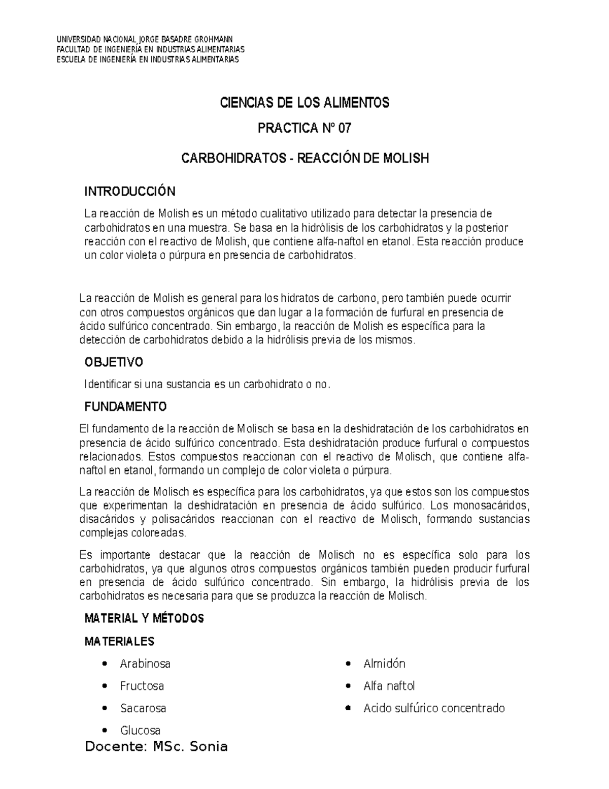 Practica N°07 Carbohidratos - Reacción DE Molish 2018-11057 ...