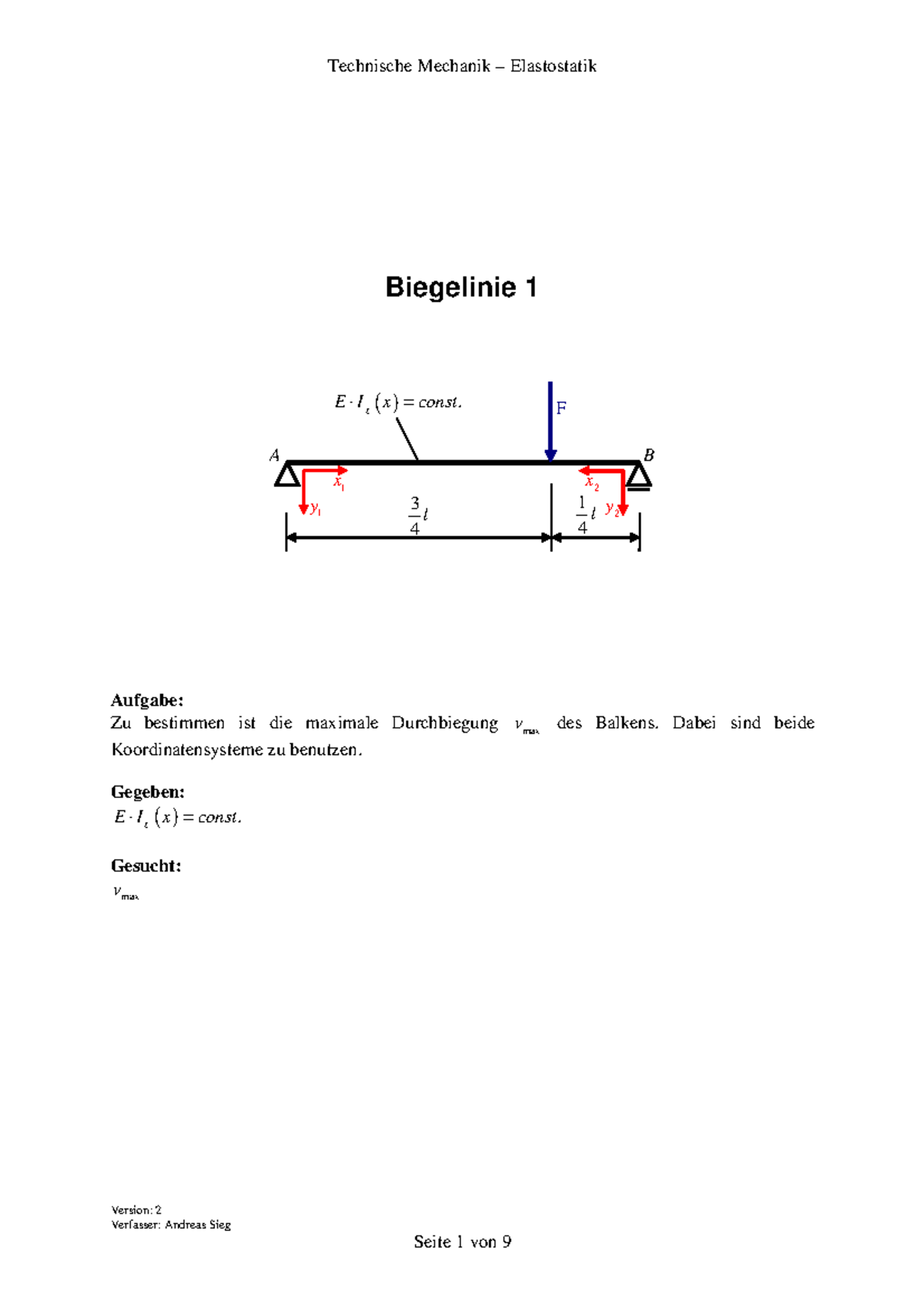 Biegelinie 1 439 - Technische Mechanik – Elastostatik Biegelinie 1 E ⋅ ...