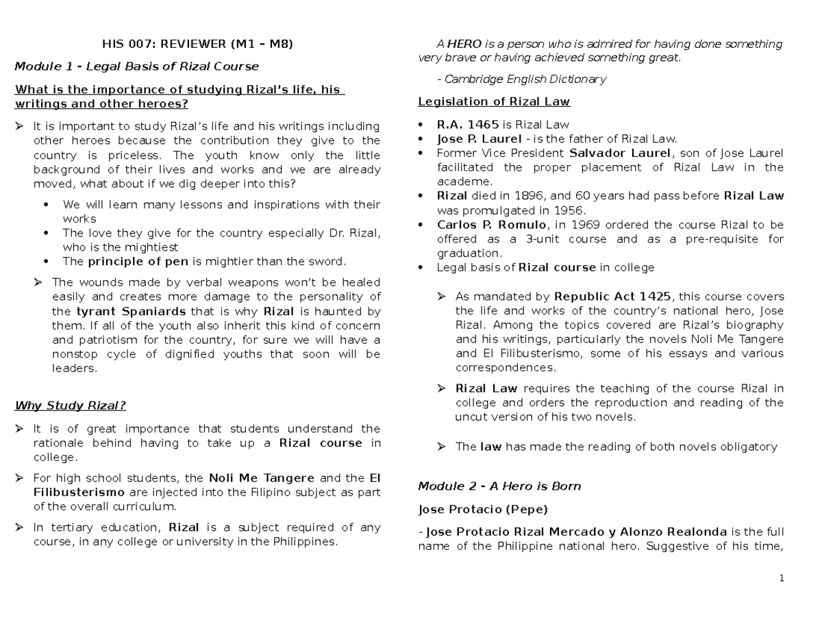 Reviewer HIS 007 M 1-8 - ... - HIS 007: REVIEWER (M1 – M8) Module 1 - Legal Basis of Rizal ...