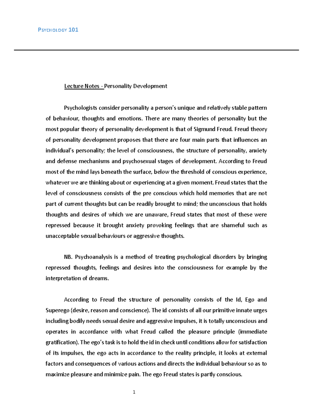 Psychology Unit 5 Personality revised - PSYCHOLOGY 101 Lecture Notes ...