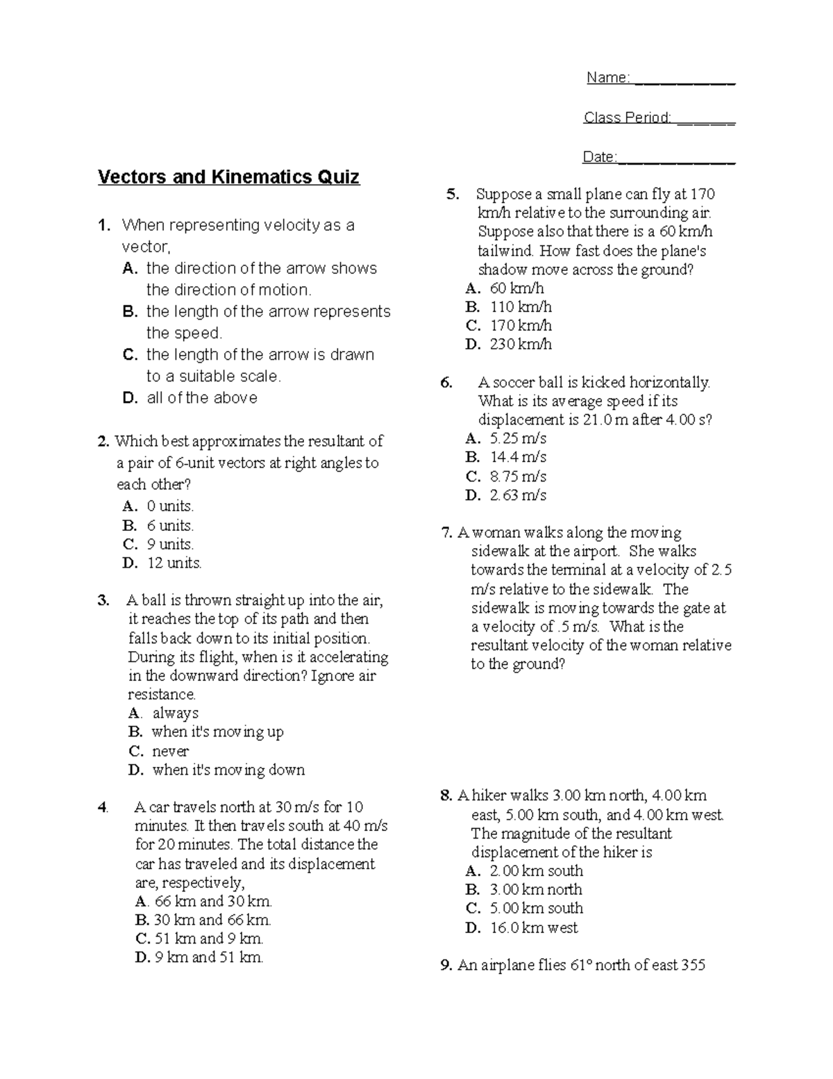 Vectors and Kinematics Quiz-1 - Name: ____________ Class Period ...