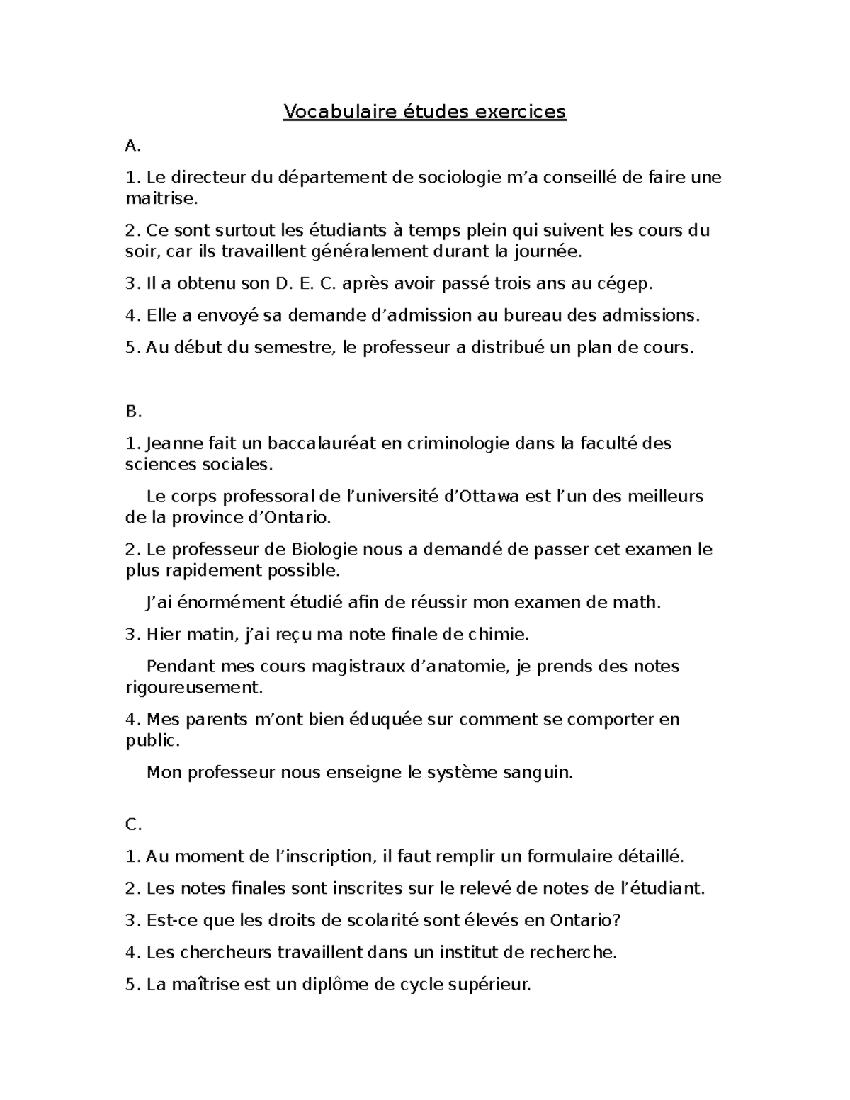 Vocabulaire études exercices - Le directeur du département de ...