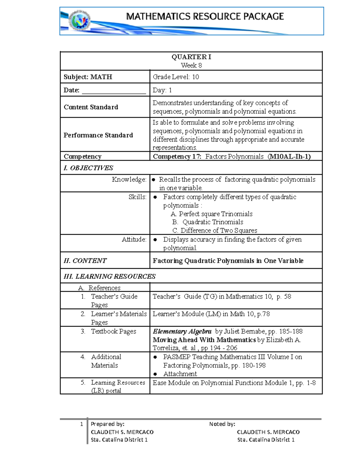 Dlp-math-10-q1-week 8-day-1 - QUARTER I Week 8 Subject: MATH Grade ...