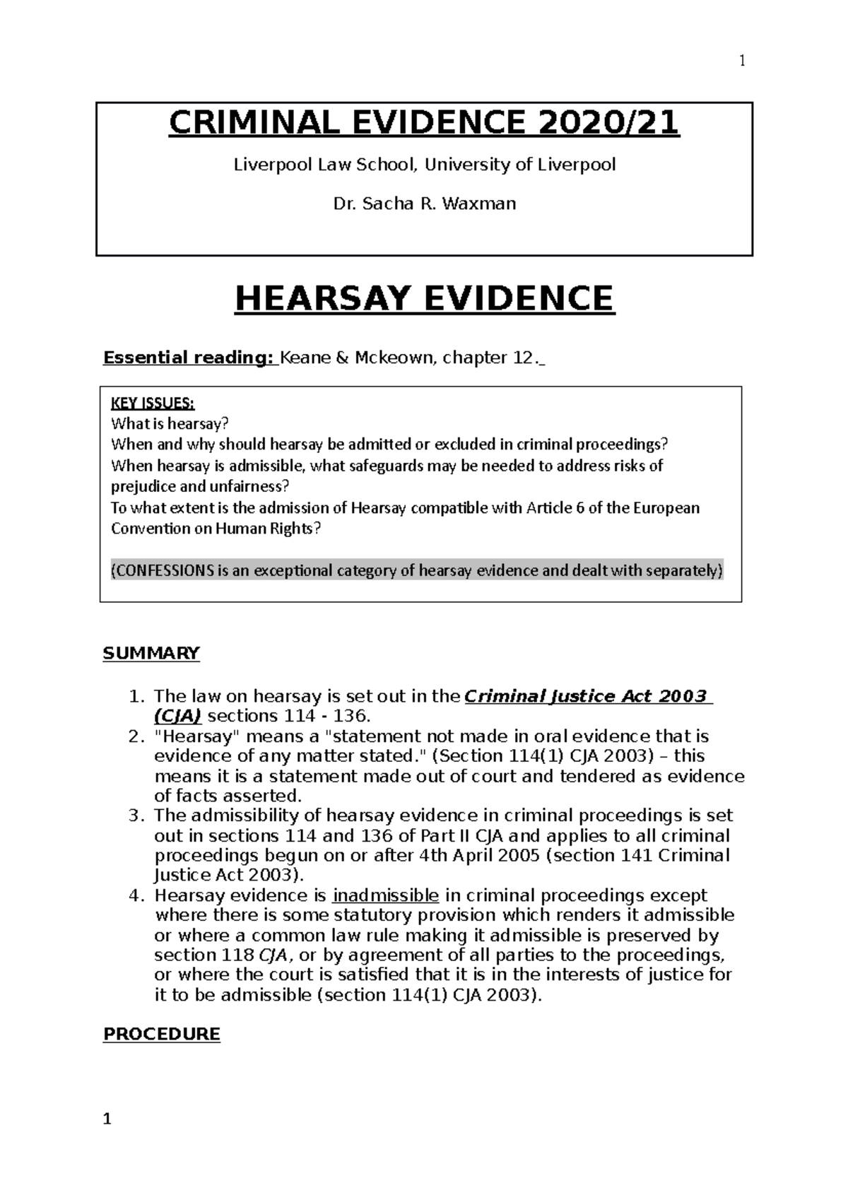 Evidence of Hearsay Lecture Handout - CRIMINAL EVIDENCE 2020/ Liverpool ...