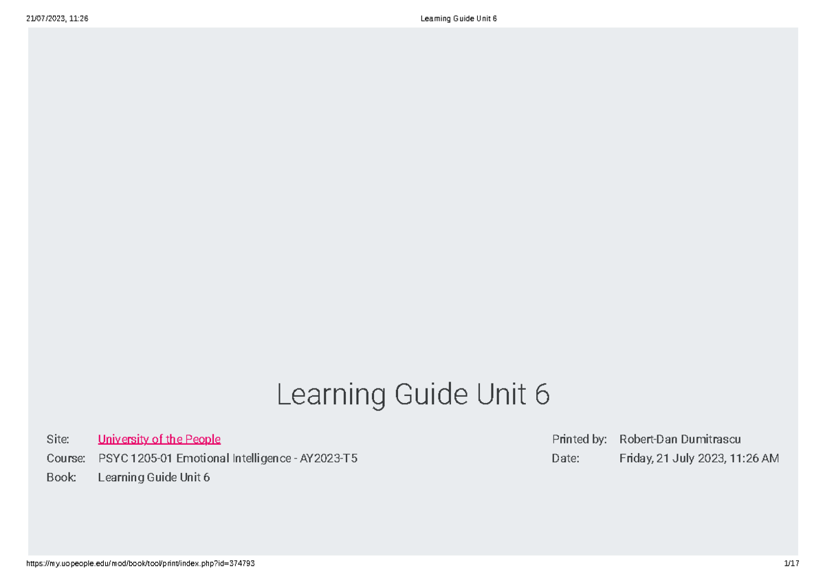 Learning Guide Unit 6 - PSYC 1205-01 - Emotional Intelligence - TUM - Studocu