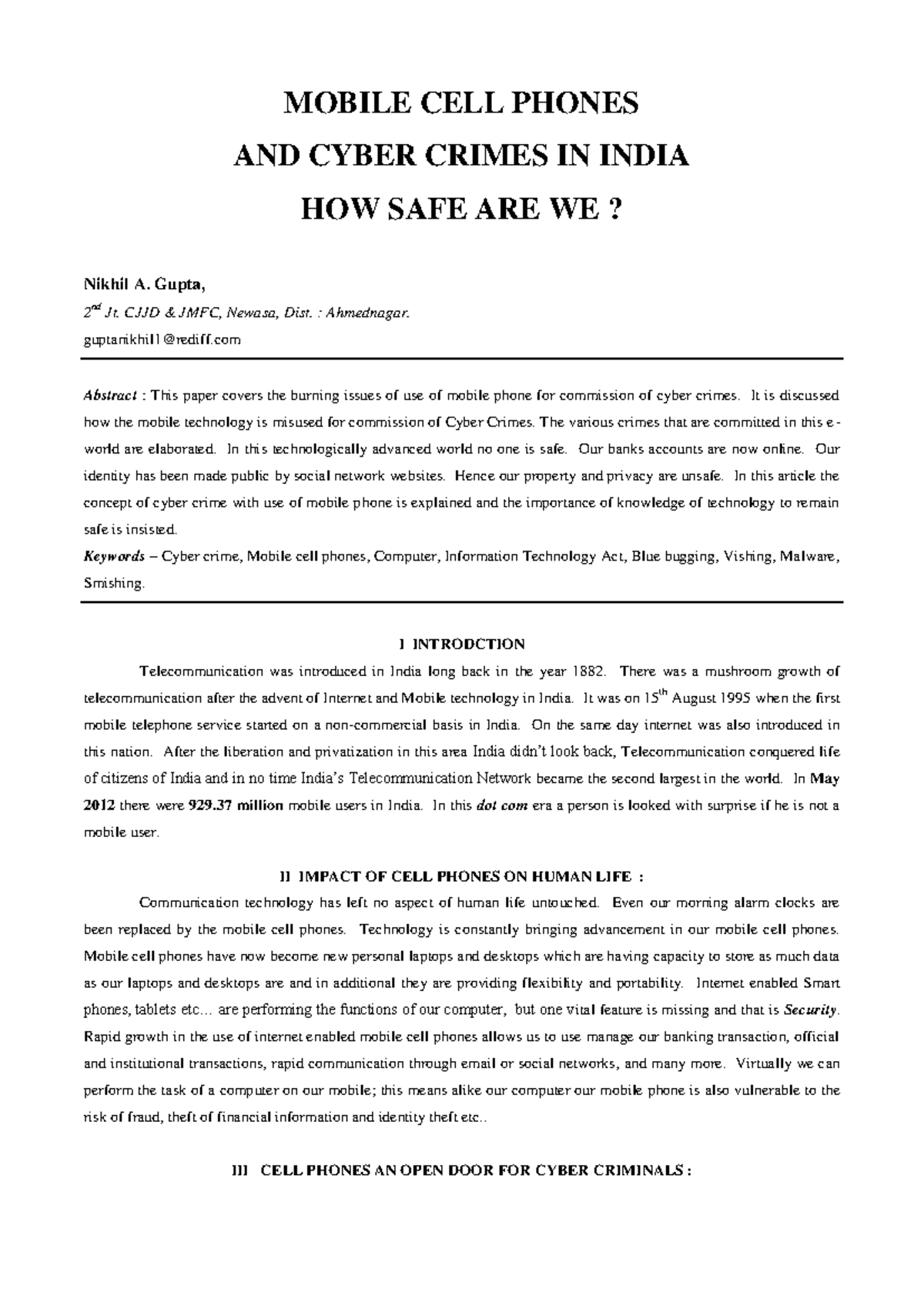 Mobile Cell Phones and Cyber Crime in India How Safe Are We - MOBILE ...