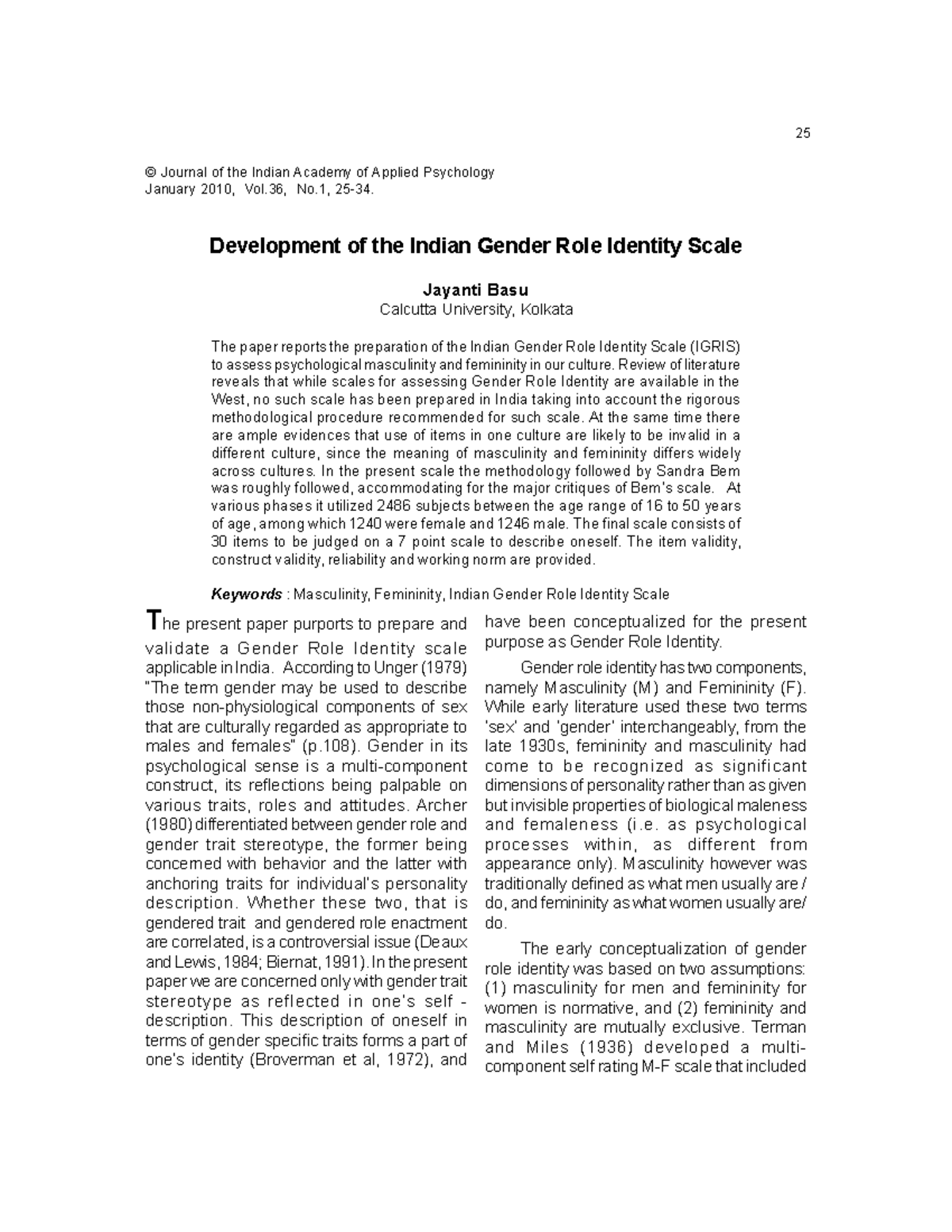 Indian Gender Role Identity Scale 2 - Review of literature reveals that ...
