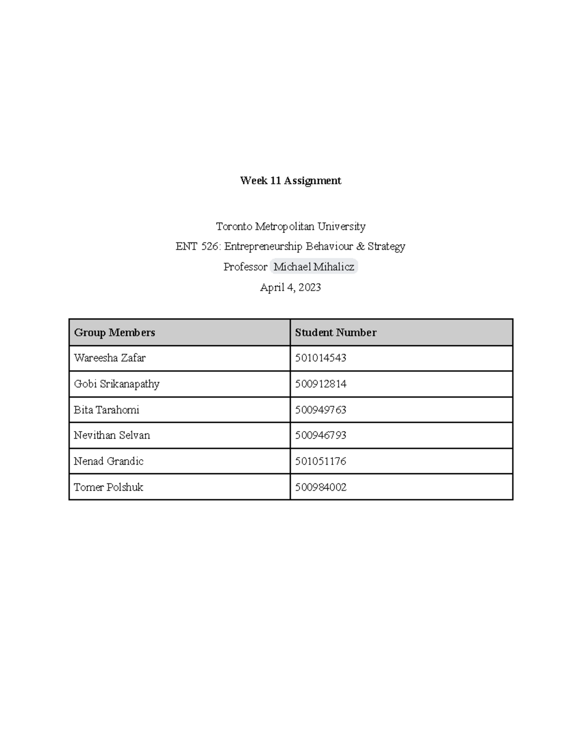Week 11 Group Assignment - Week 11 Assignment Toronto Metropolitan University ENT 526: - Studocu