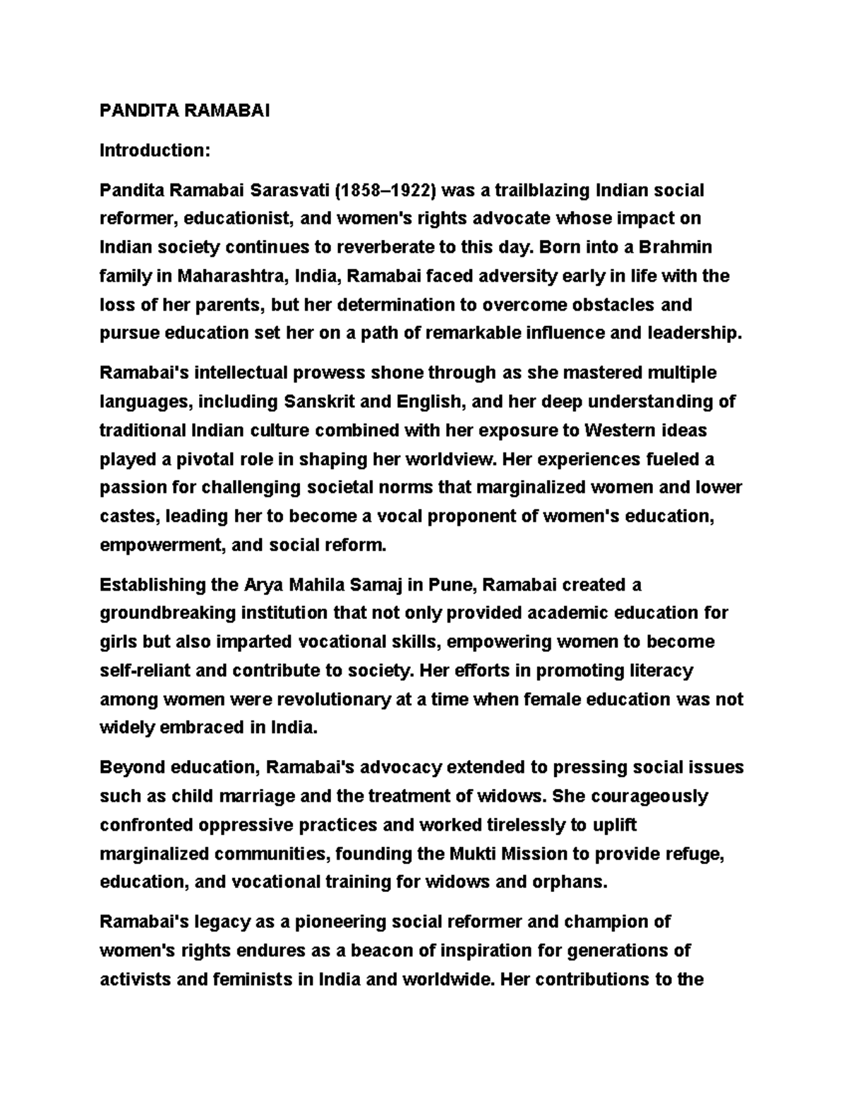 Pandita Ramabai - PANDITA RAMABAI Introduction: Pandita Ramabai ...