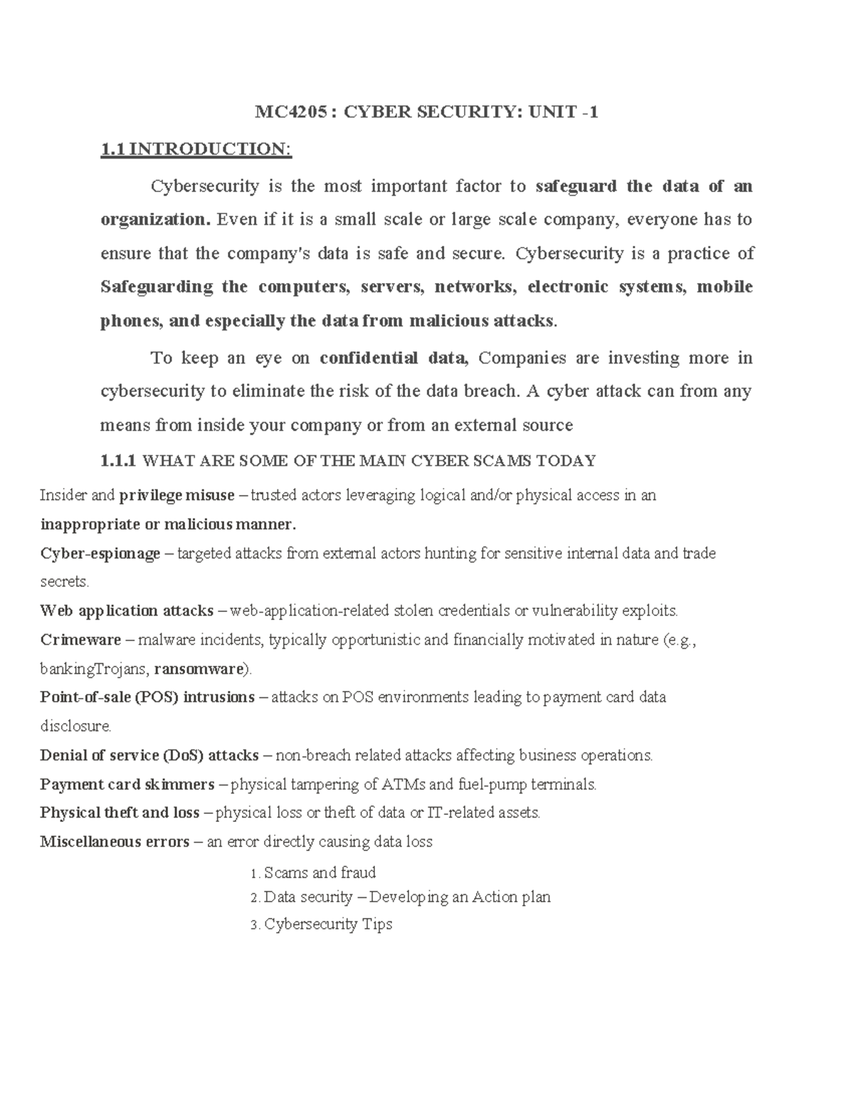 Unit 1 -cyber sec - MC4205 : CYBER SECURITY: UNIT - 1 INTRODUCTION: Cybersecurity is the most ...