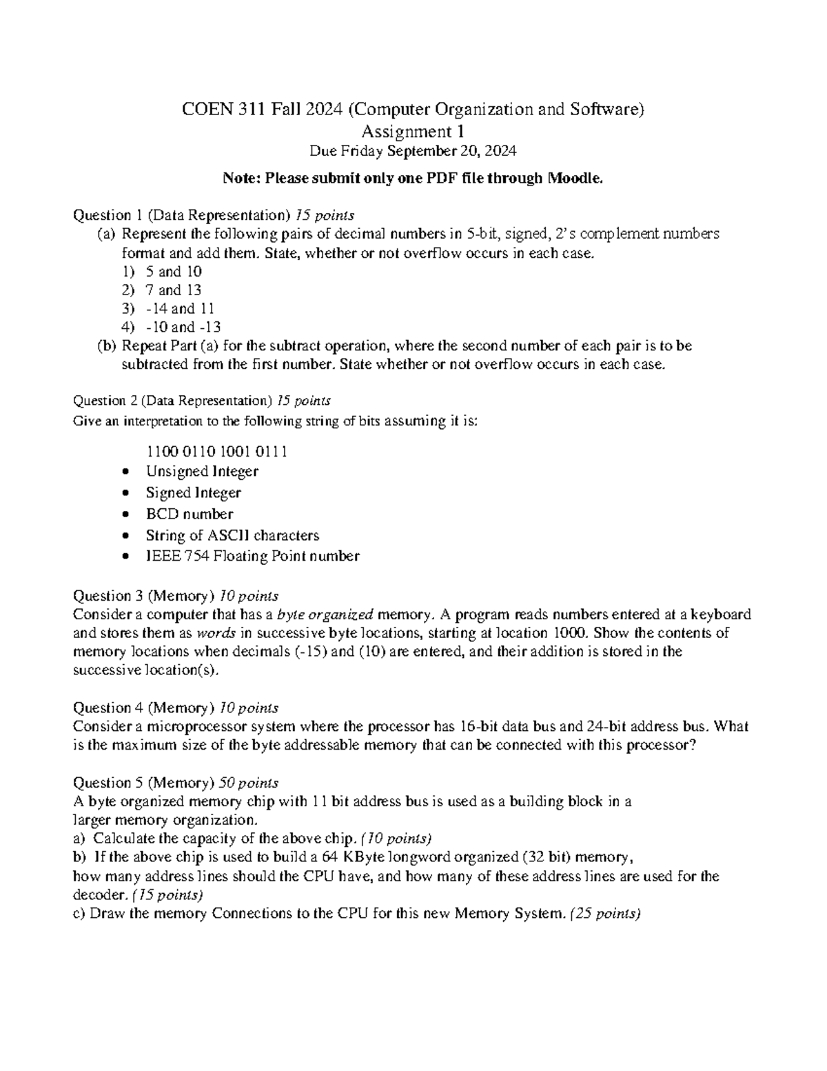Assignment 1 - COEN 311 Fall 2024 (Computer Organization and Software) Assignment 1 Due Friday ...