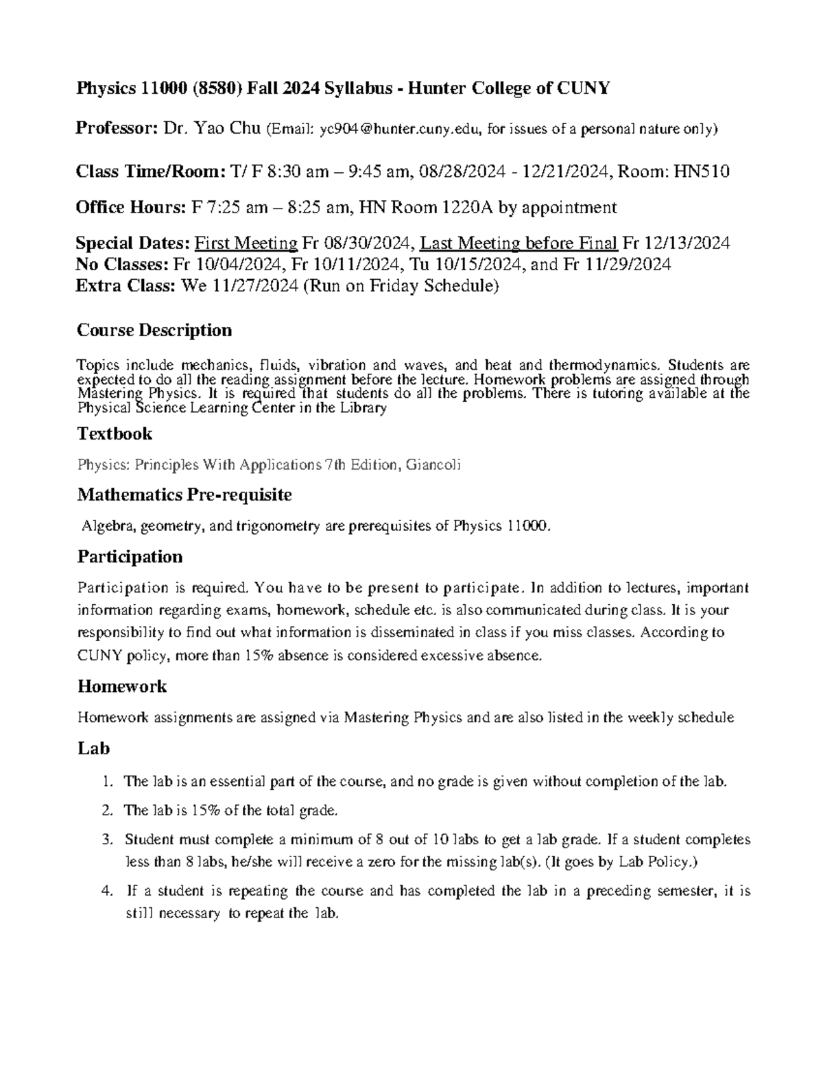 Physics 110 syllabus-Fall 2024 - Physics 11000 (8580) Fall 2024 ...