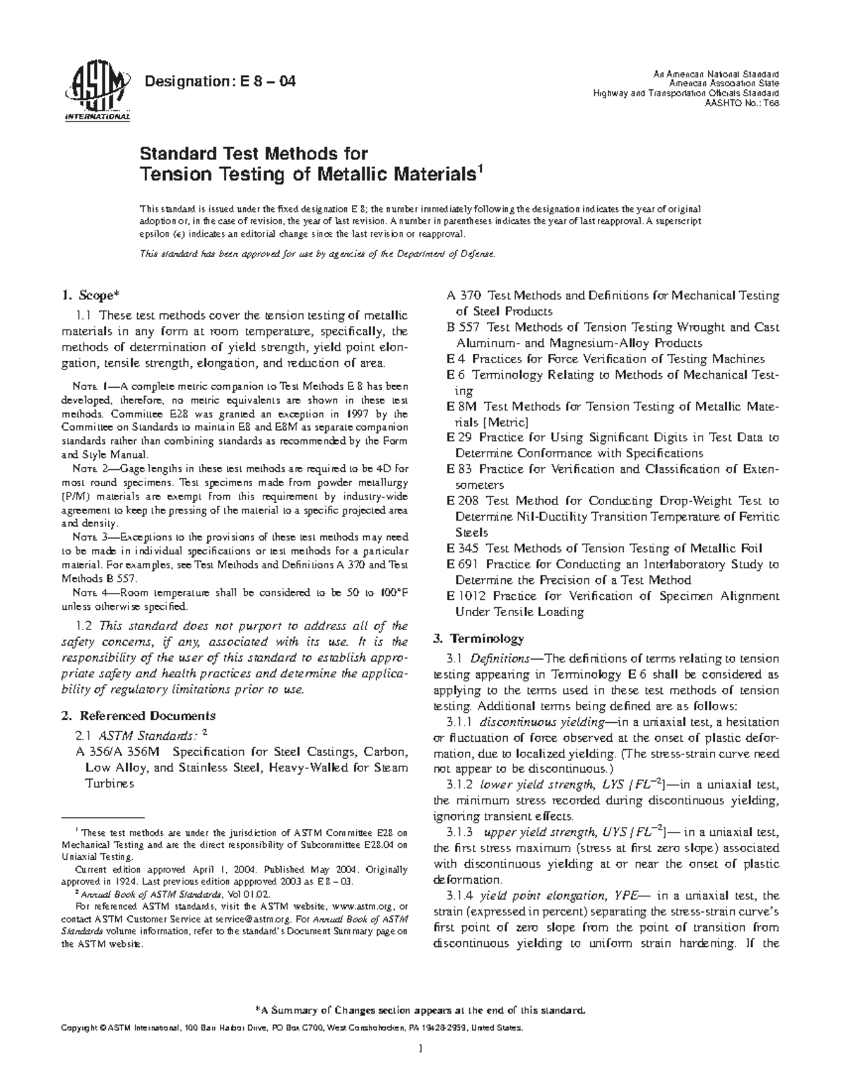 Astme 8-04 Tension Testingof Metallic - Designation: E 8 – 04 An ...