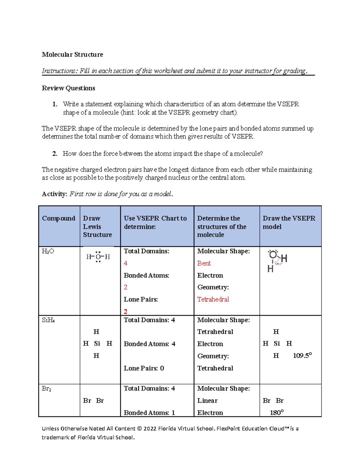Molecular structure worksheet - Molecular Structure Instructions: Fill ...