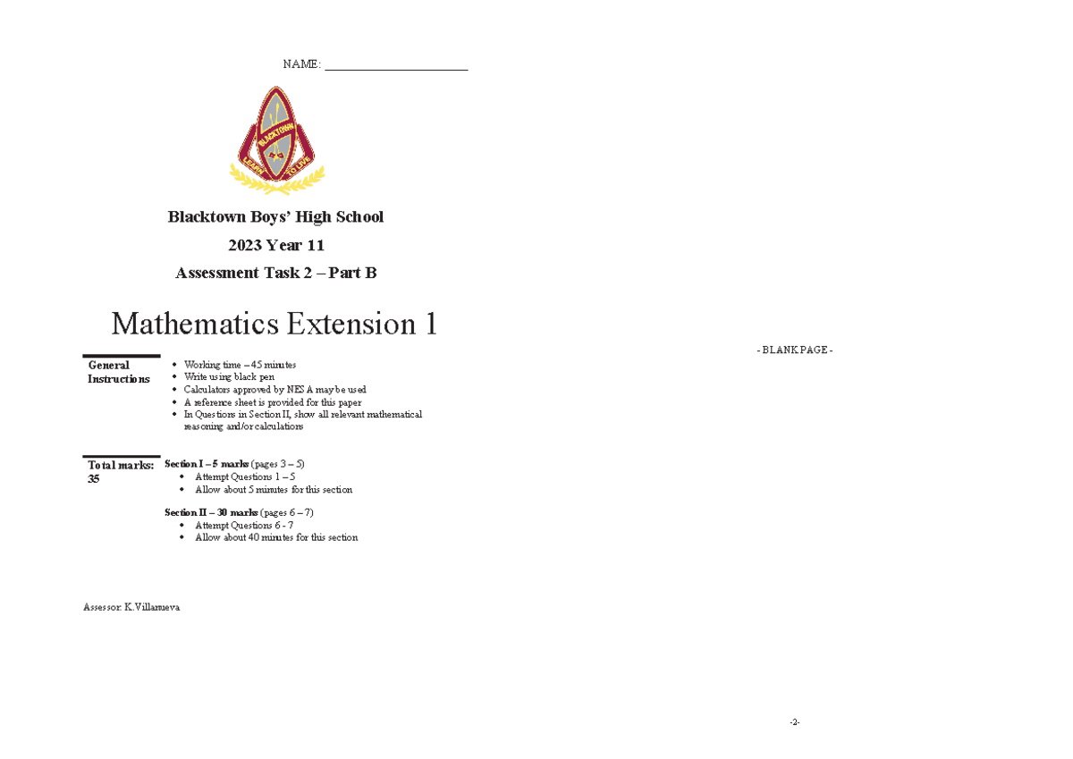 2023 Yr11 Ext1 AT2 & sln - math paper - NAME ...