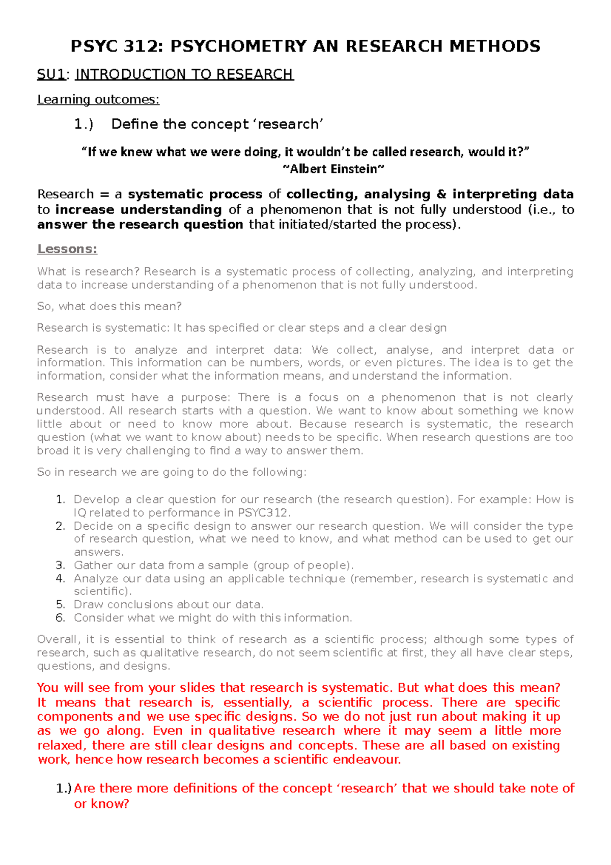 PSYC 312 SU1 - This is an introduction to research. Basic concepts are ...