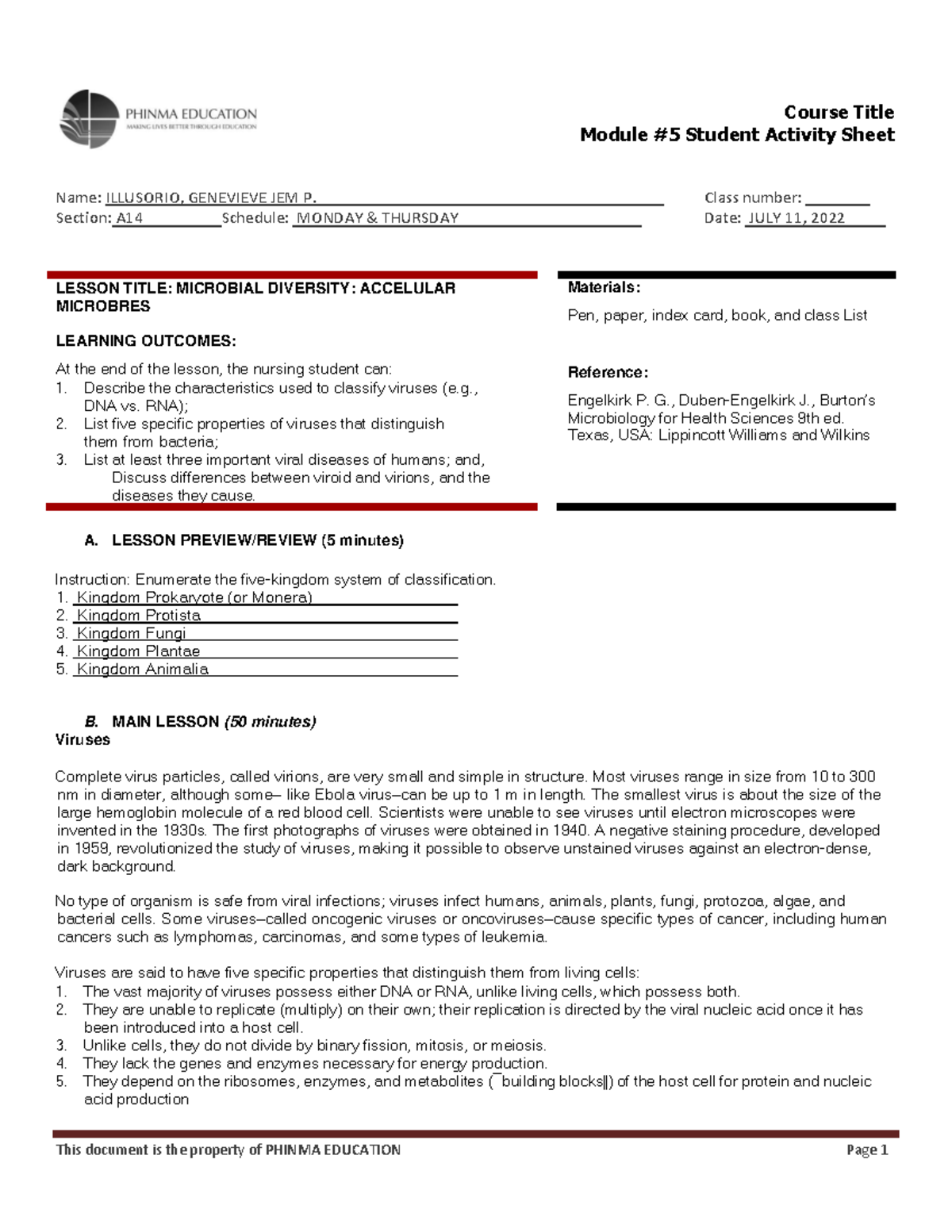 HES032 Lec Session #5 SAS - Module #5 Student Activity Sheet Name: ILLUSORIO, GENEVIEVE JEM P ...