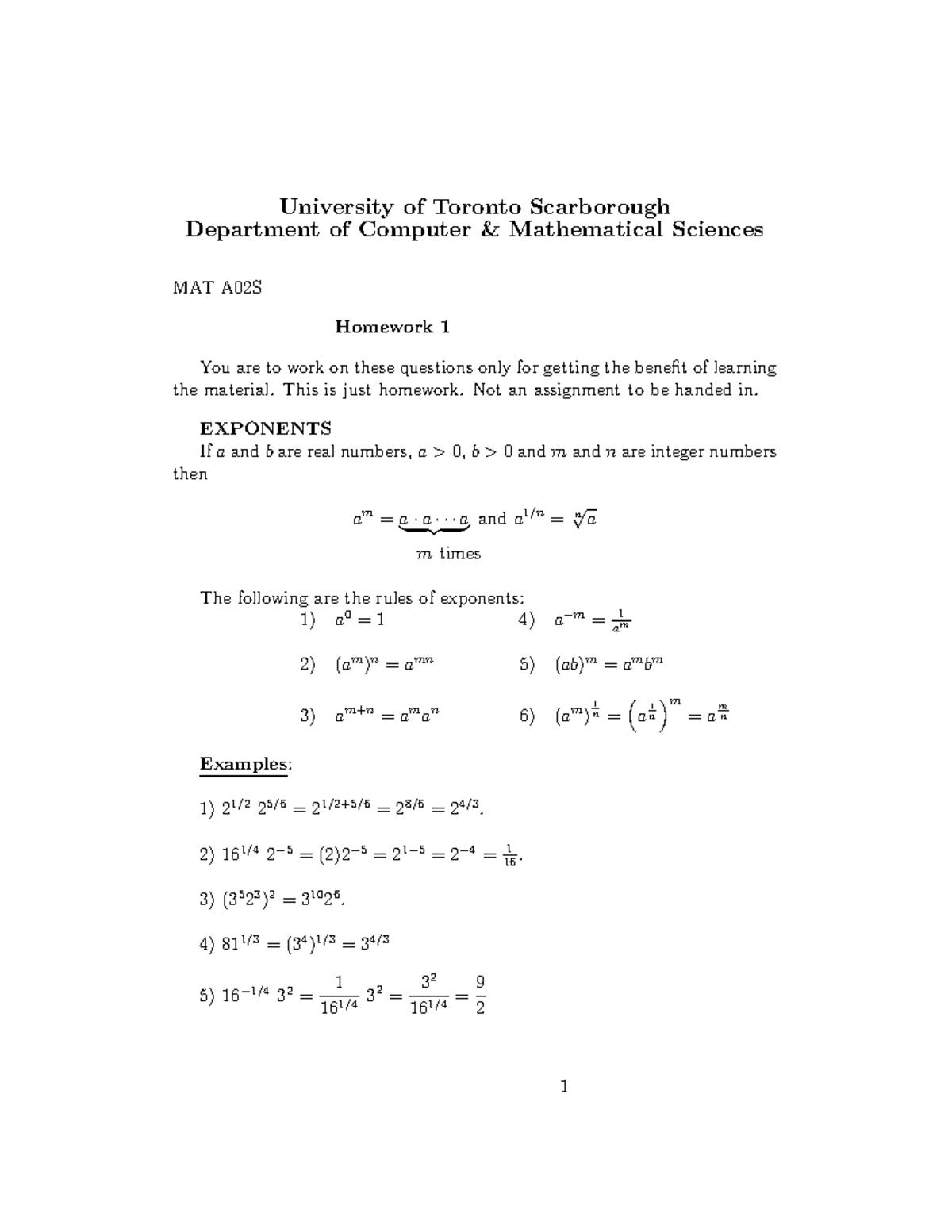 Exercises one home - University of Toronto Scarborough Department of ...