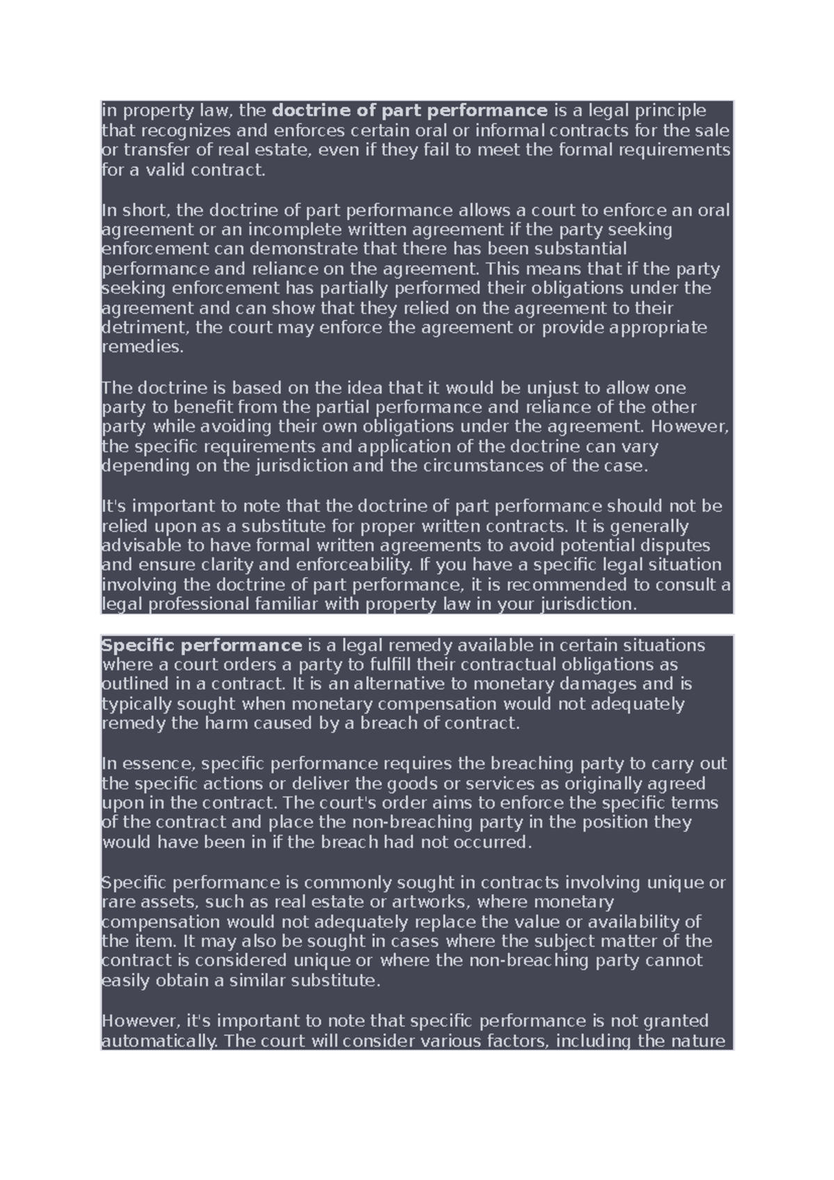 T2 - NOTES - in property law, the doctrine of part performance is a ...