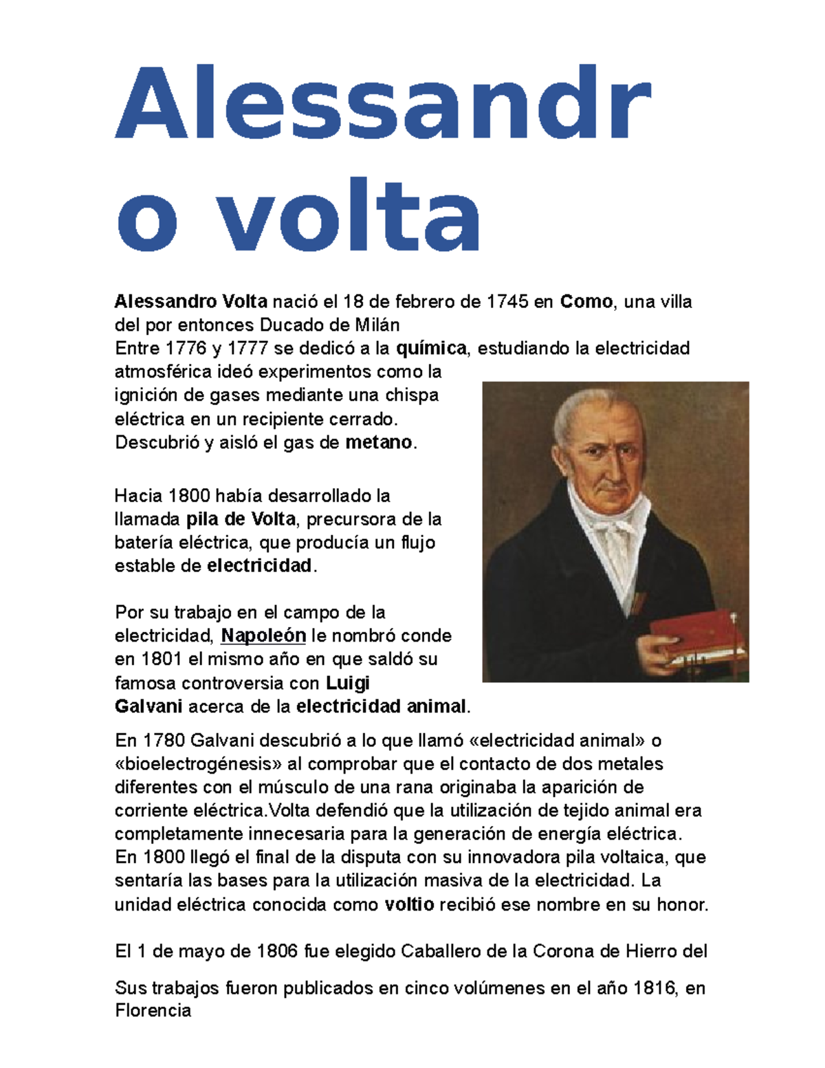 Alessandro Volta - Alessandr o volta Alessandro Volta nació el 18 de ...