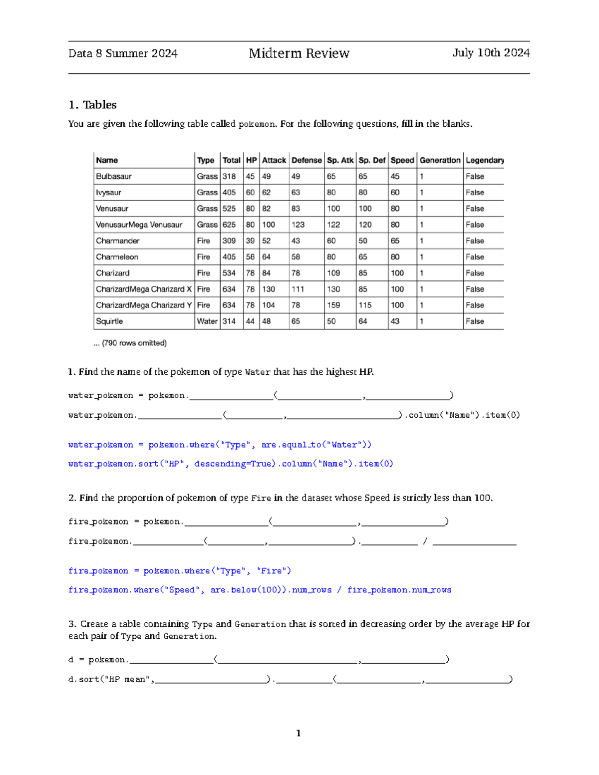 Midterm review sol su24 - Data 8 Summer 2024 Midterm Review July 10th 2024 1. Tables You are ...