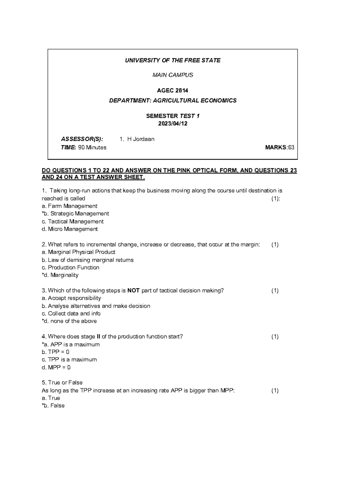 Test 1 MEMO-MCF9020 - Memorandum - UNIVERSITY OF THE FREE STATE MAIN ...
