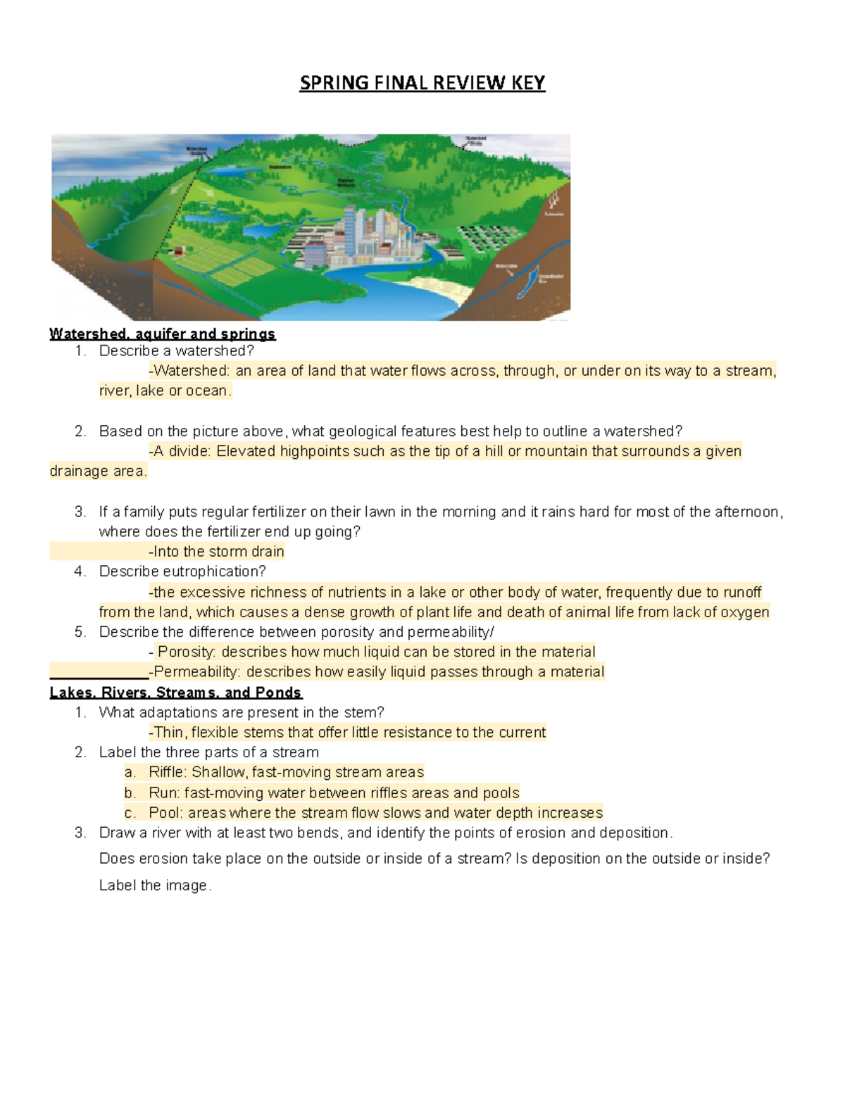 KEY Spring Final Test Review .docx - SPRING FINAL REVIEW KEY Watershed ...