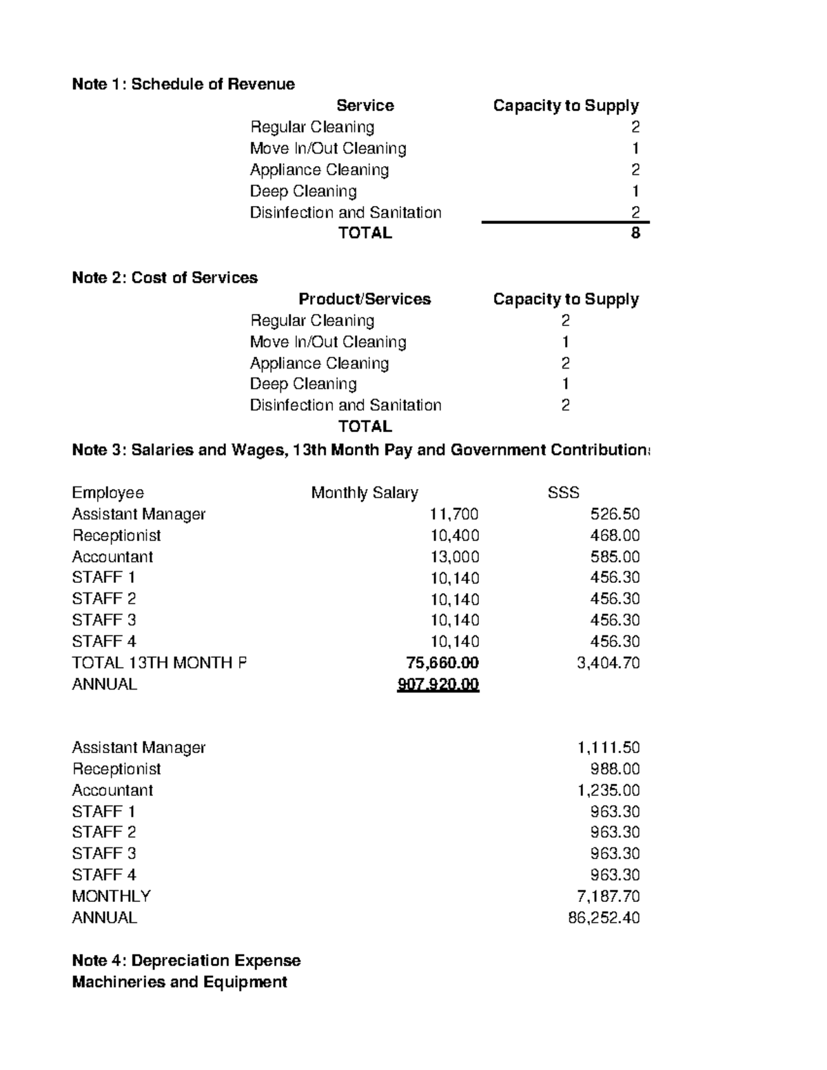 Financial-Statement 5 - Note 1: Schedule of Revenue Service Capacity to ...