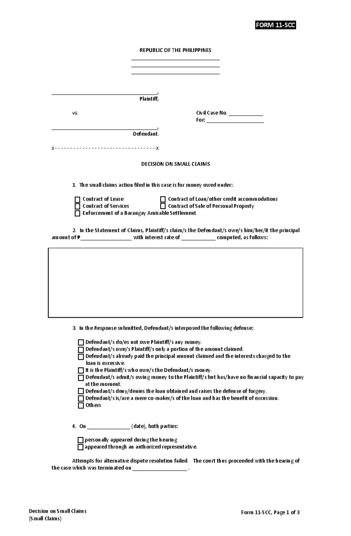 FORM 11-SCC Decision - Small Claims Form - Form 11 -SCC, Page 1 of 3 ...