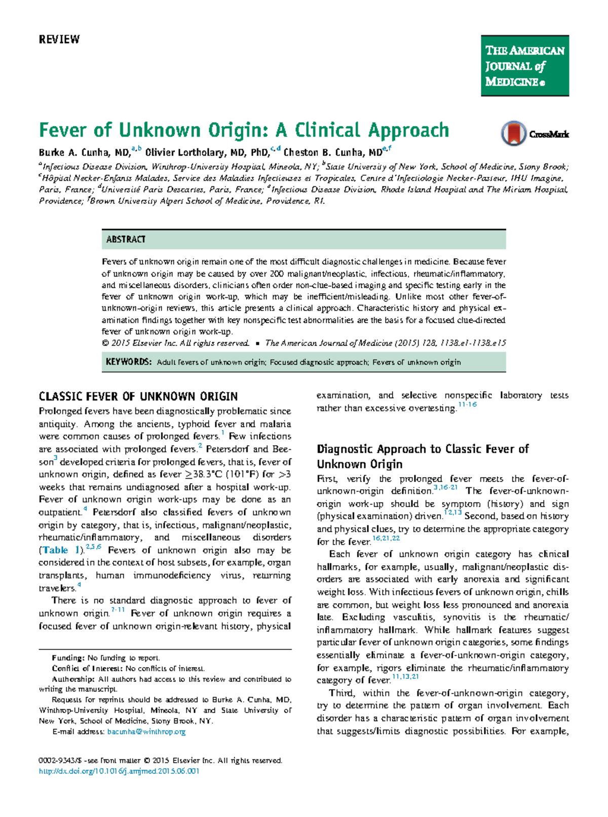 1 Fever of Unknown Origin A Clinical Approach - Cunha, MD,a,bOlivier ...
