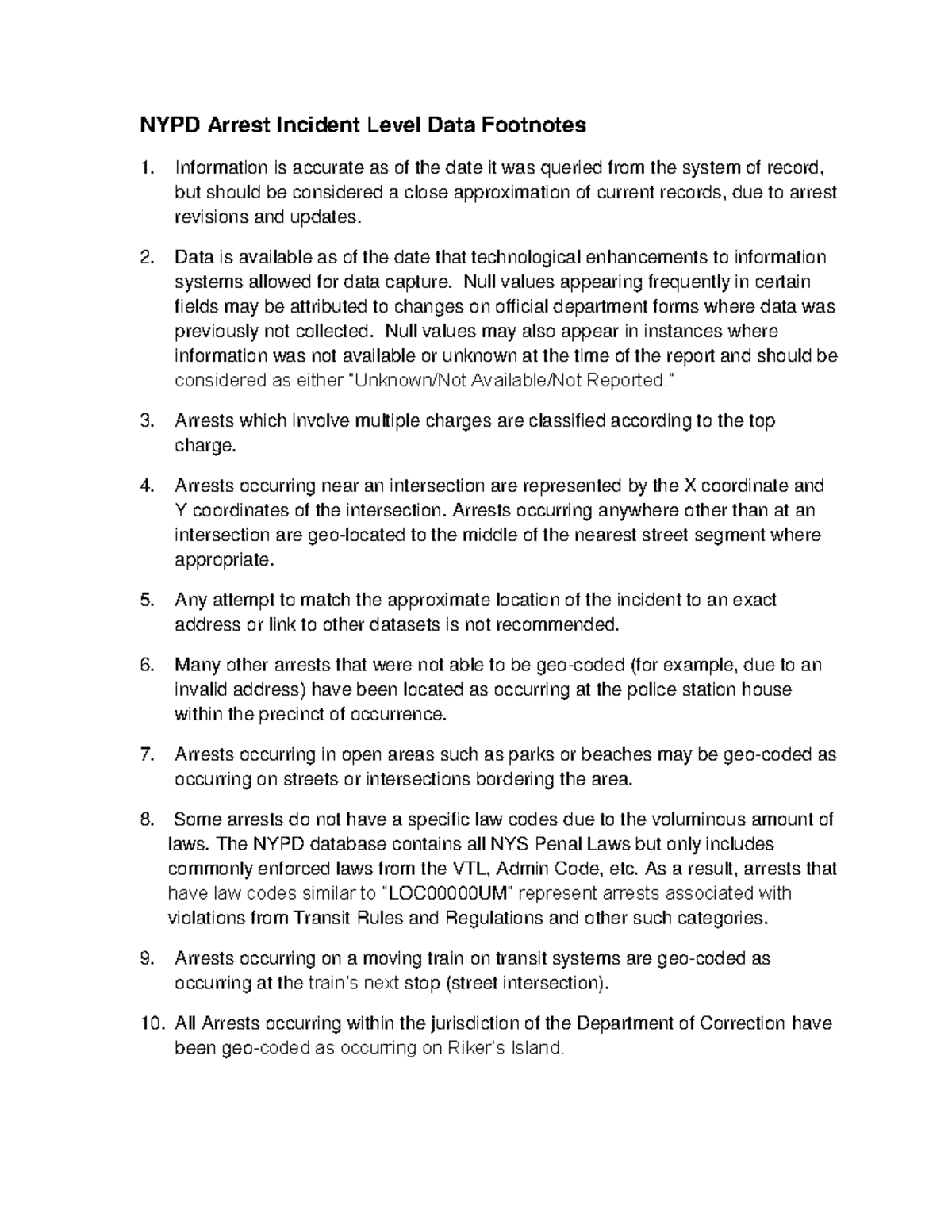 NYPD Arrest Incident Level Data Footnotes - NYPD Arrest Incident Level ...