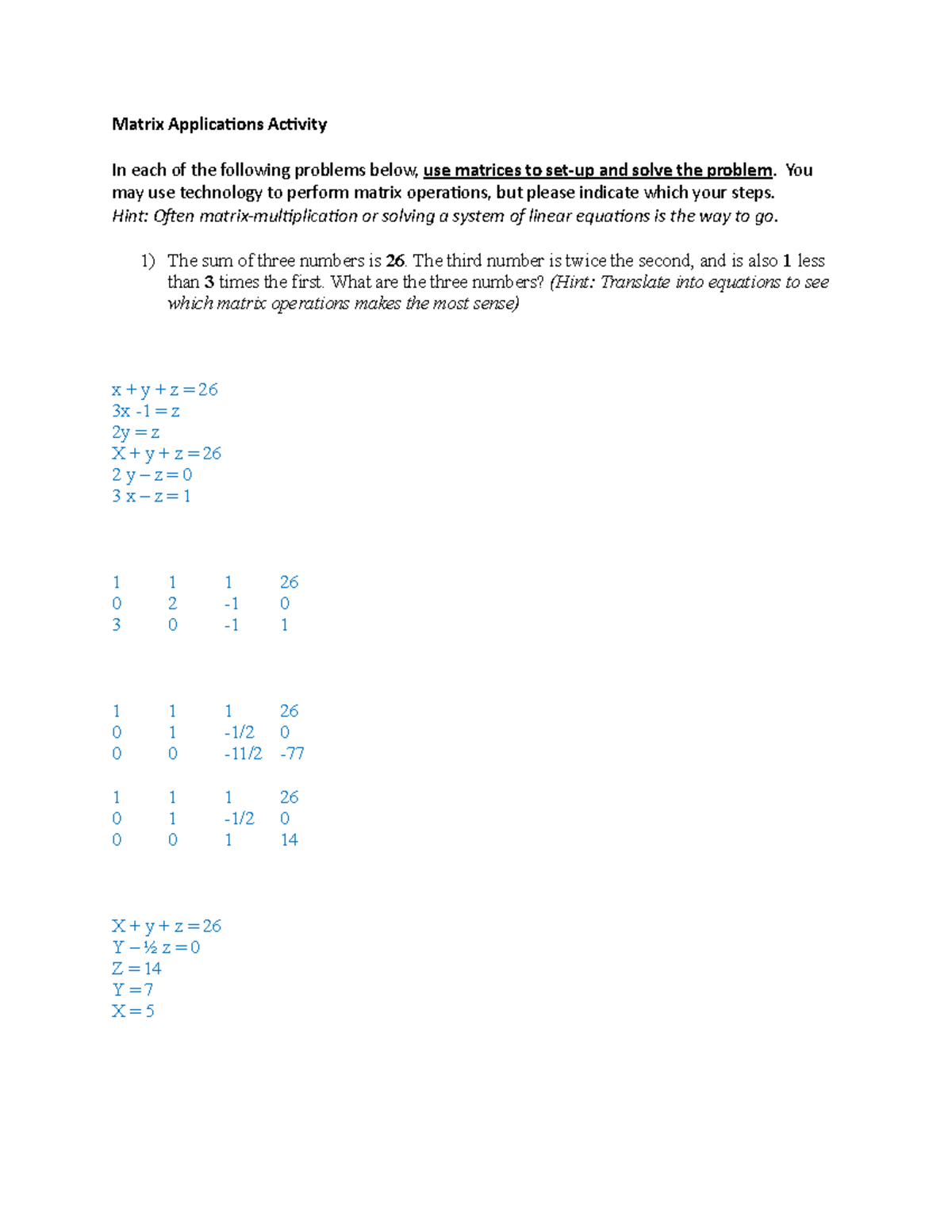 Matrix Applications Activity - You may use technology to perform matrix ...