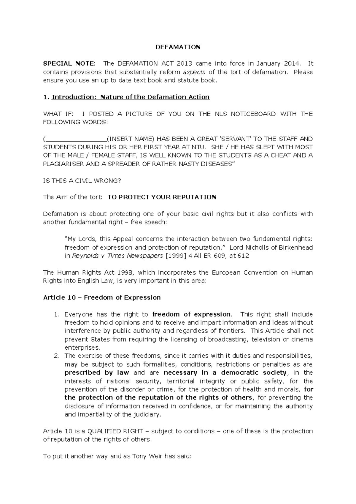 Defamation+Lecture+Outline - DEFAMATION SPECIAL NOTE: The DEFAMATION ...