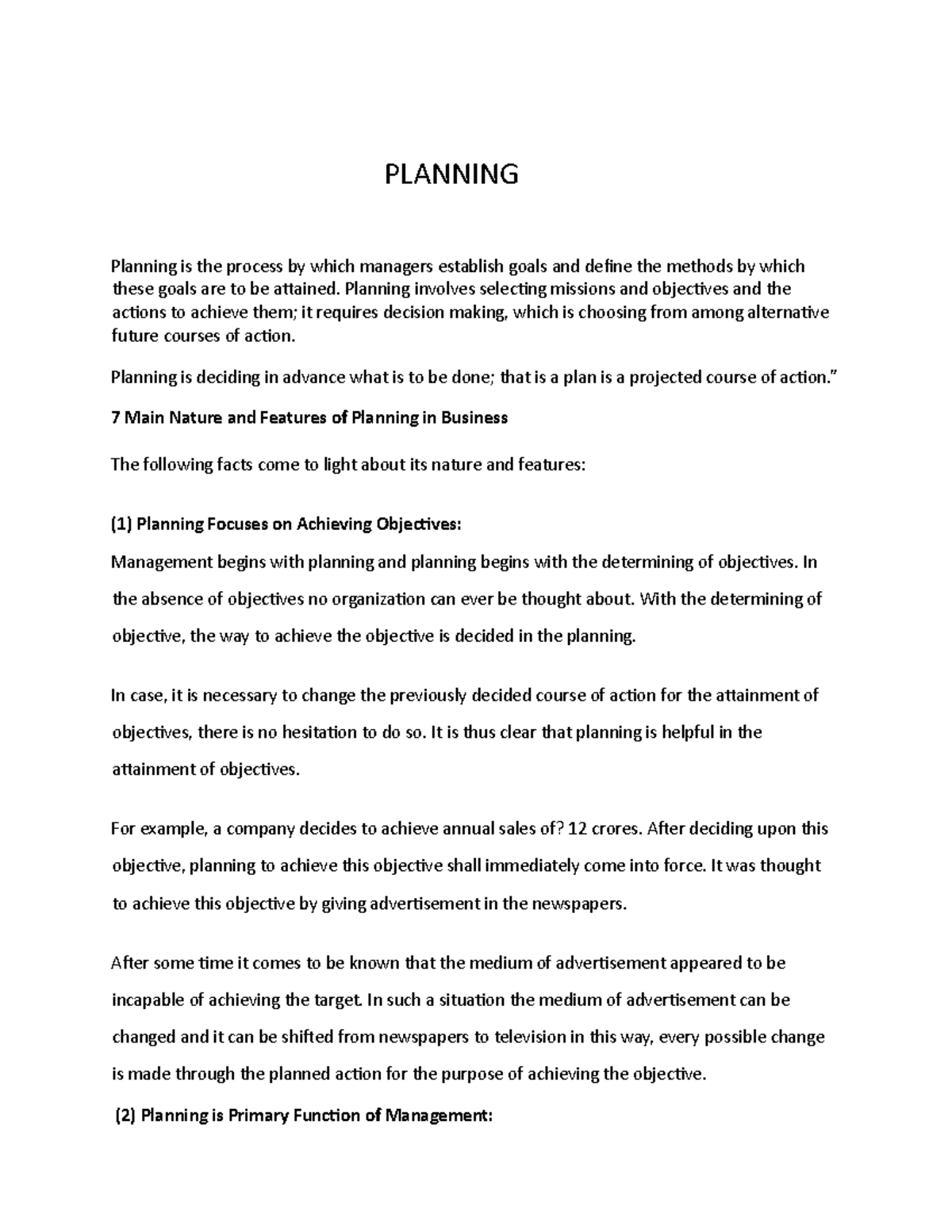 Document planning - PLANNING Planning is the process by which managers ...